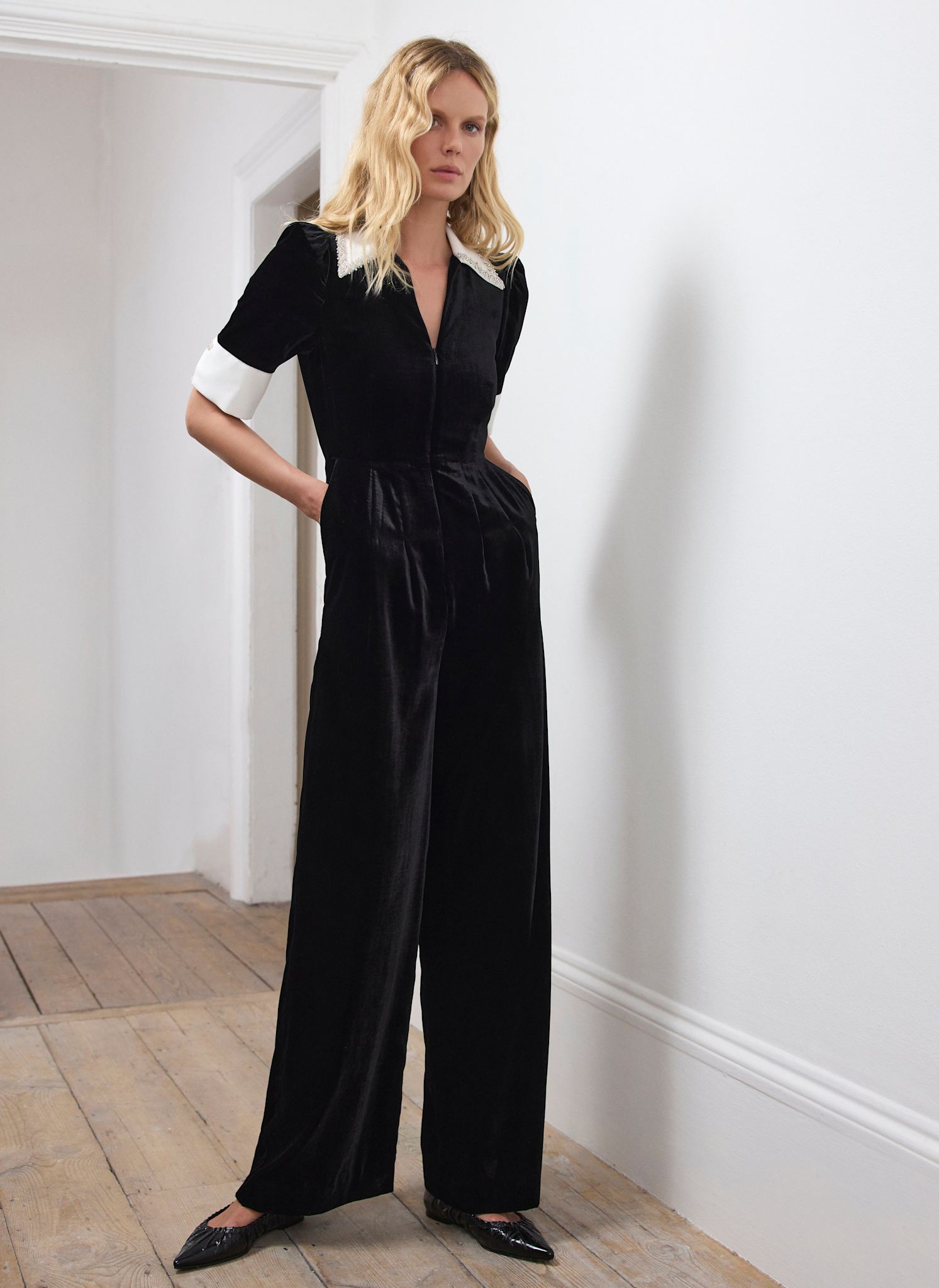 Black Velvet Embellished Collar Jumpsuit – Mint Velvet