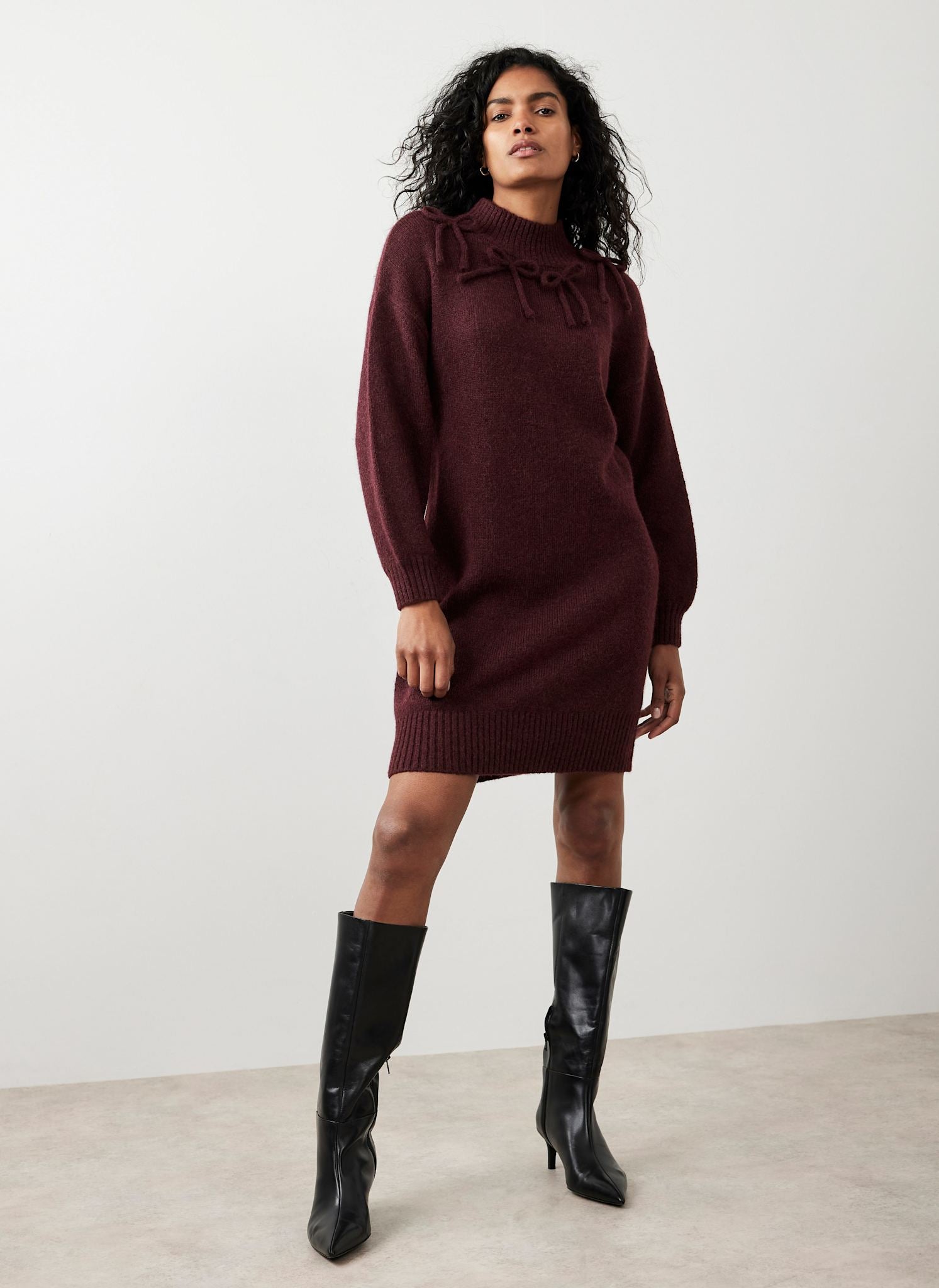 Burgundy Bow Knit Mini Dress – Mint Velvet