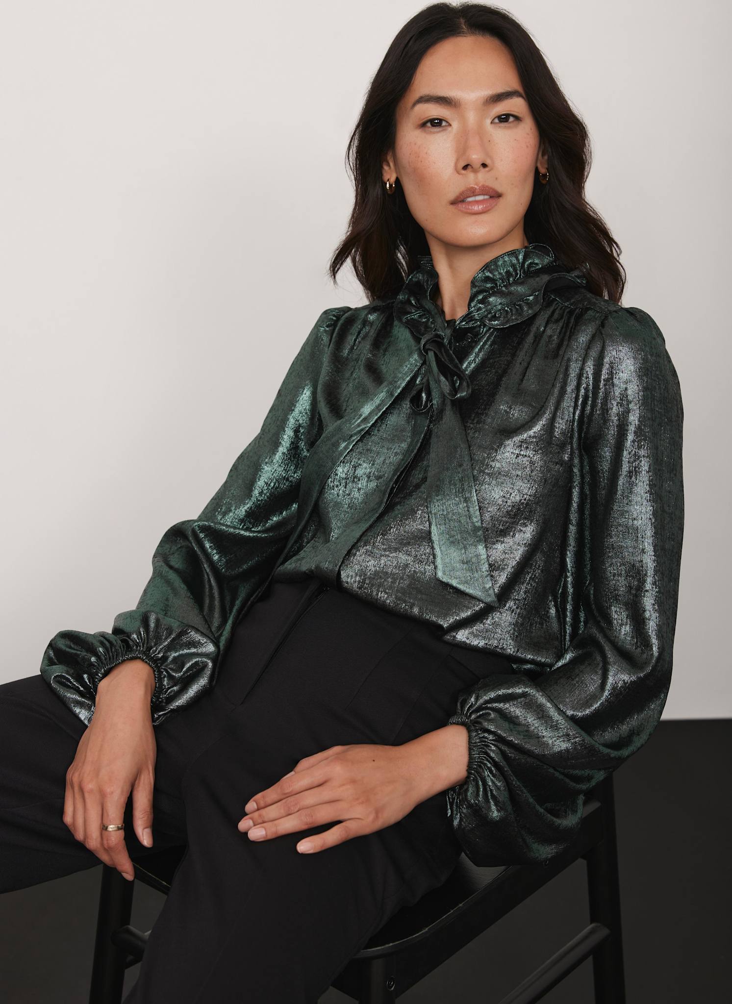 Green Metallic Pussy Bow Blouse – Mint Velvet