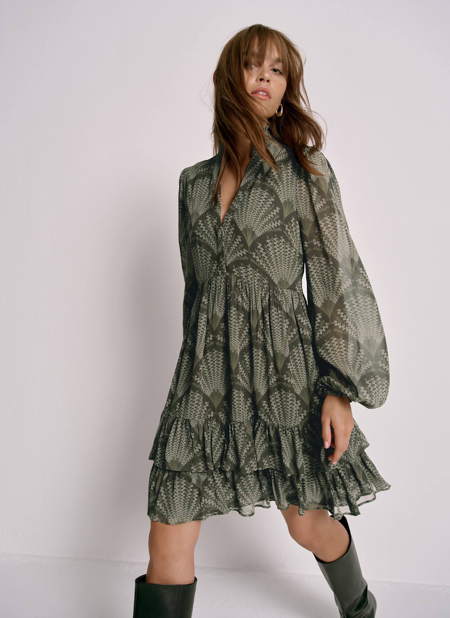 Khaki Printed Long Sleeve Mini Dress – Mint Velvet