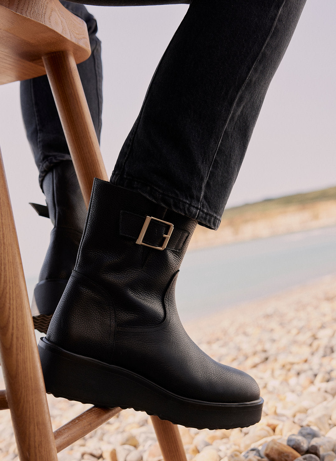 Lola Black Leather Wedge Biker Boots – Mint Velvet