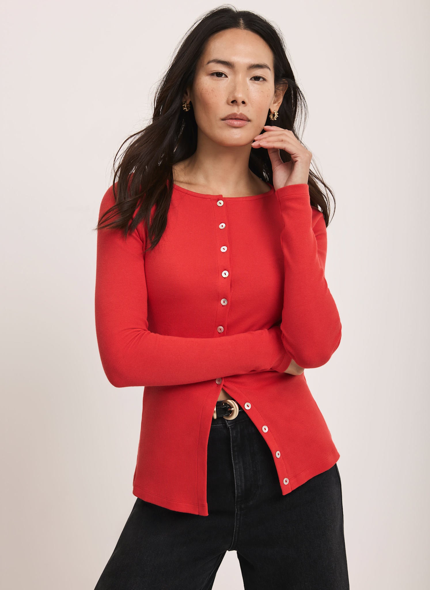 Red Cotton Blend Button Detail Top – Mint Velvet