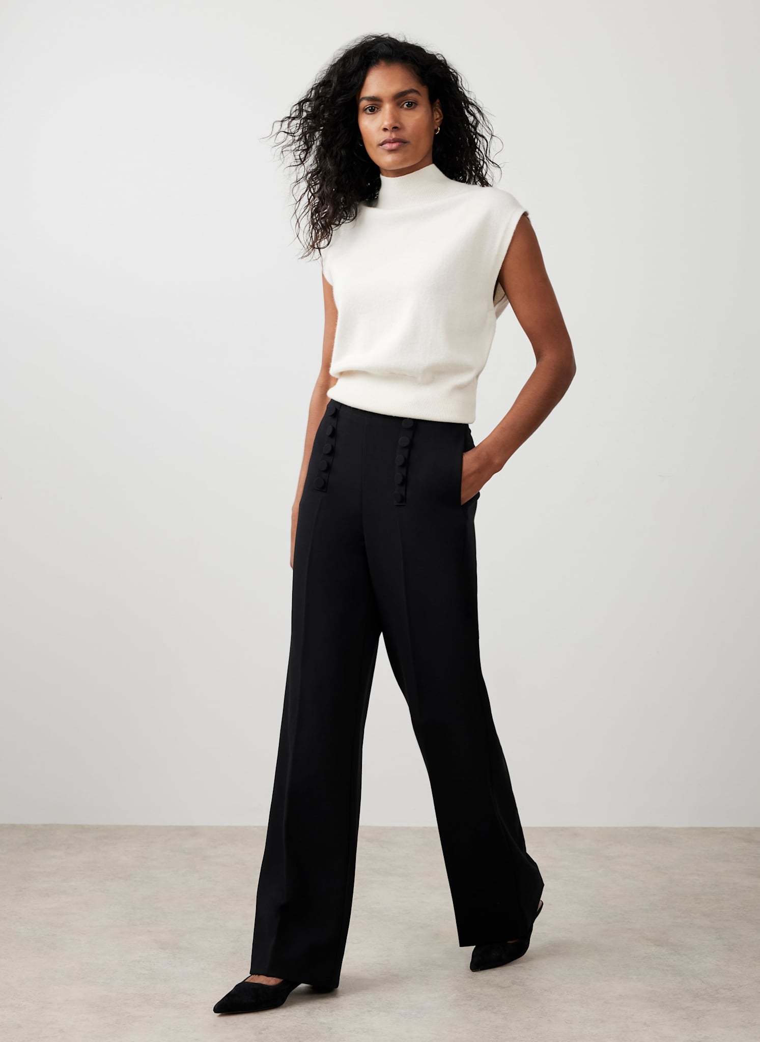Black Button Detail High Waisted Wide Trousers – Mint Velvet