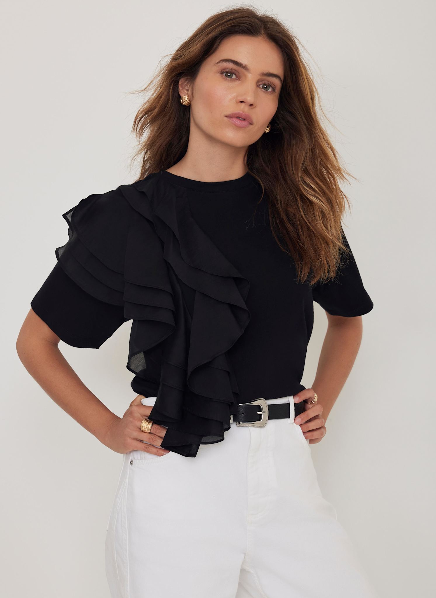 Black Cotton Frill T-Shirt – Mint Velvet