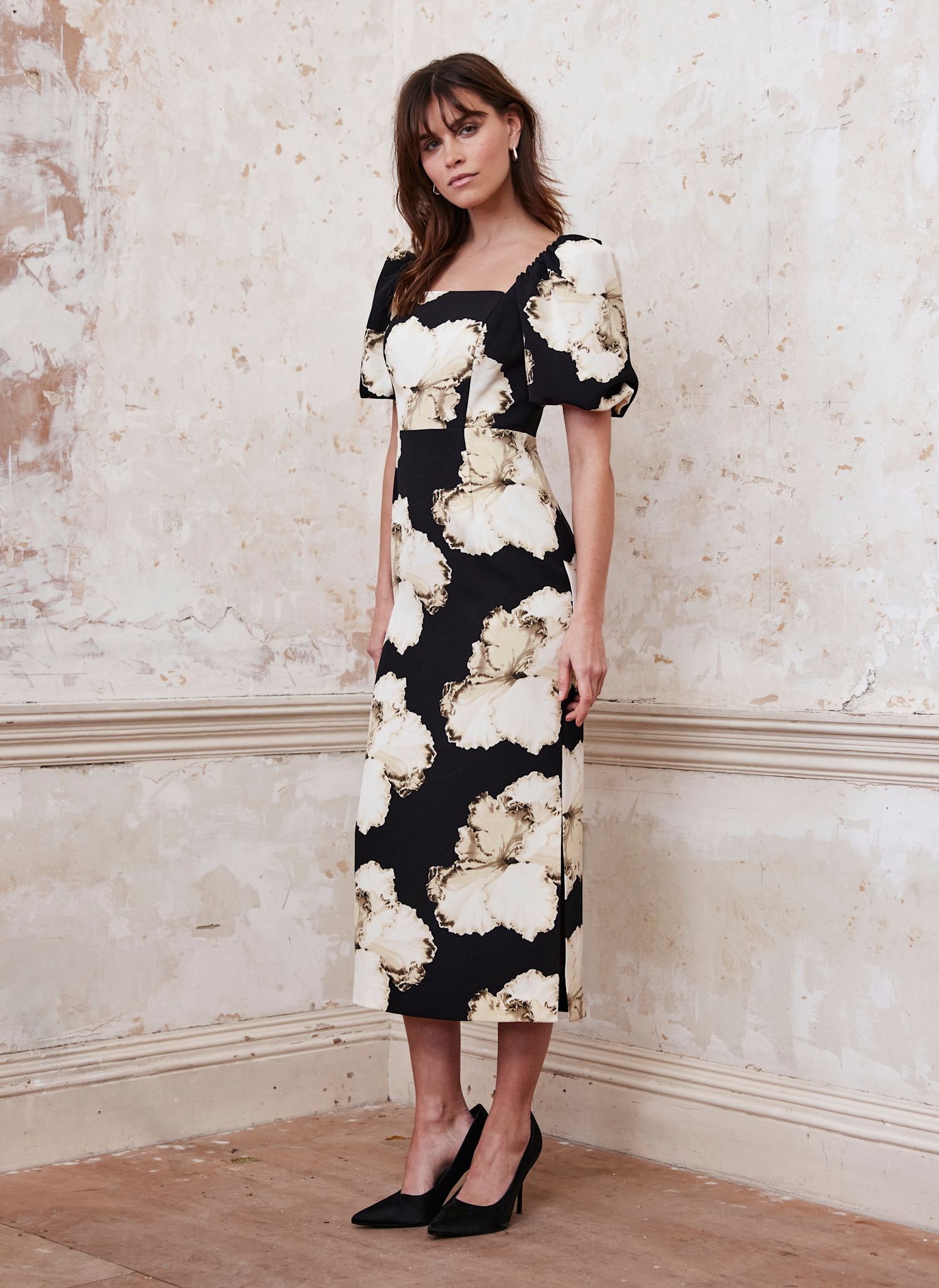 Black Floral Print Midi Dress – Mint Velvet