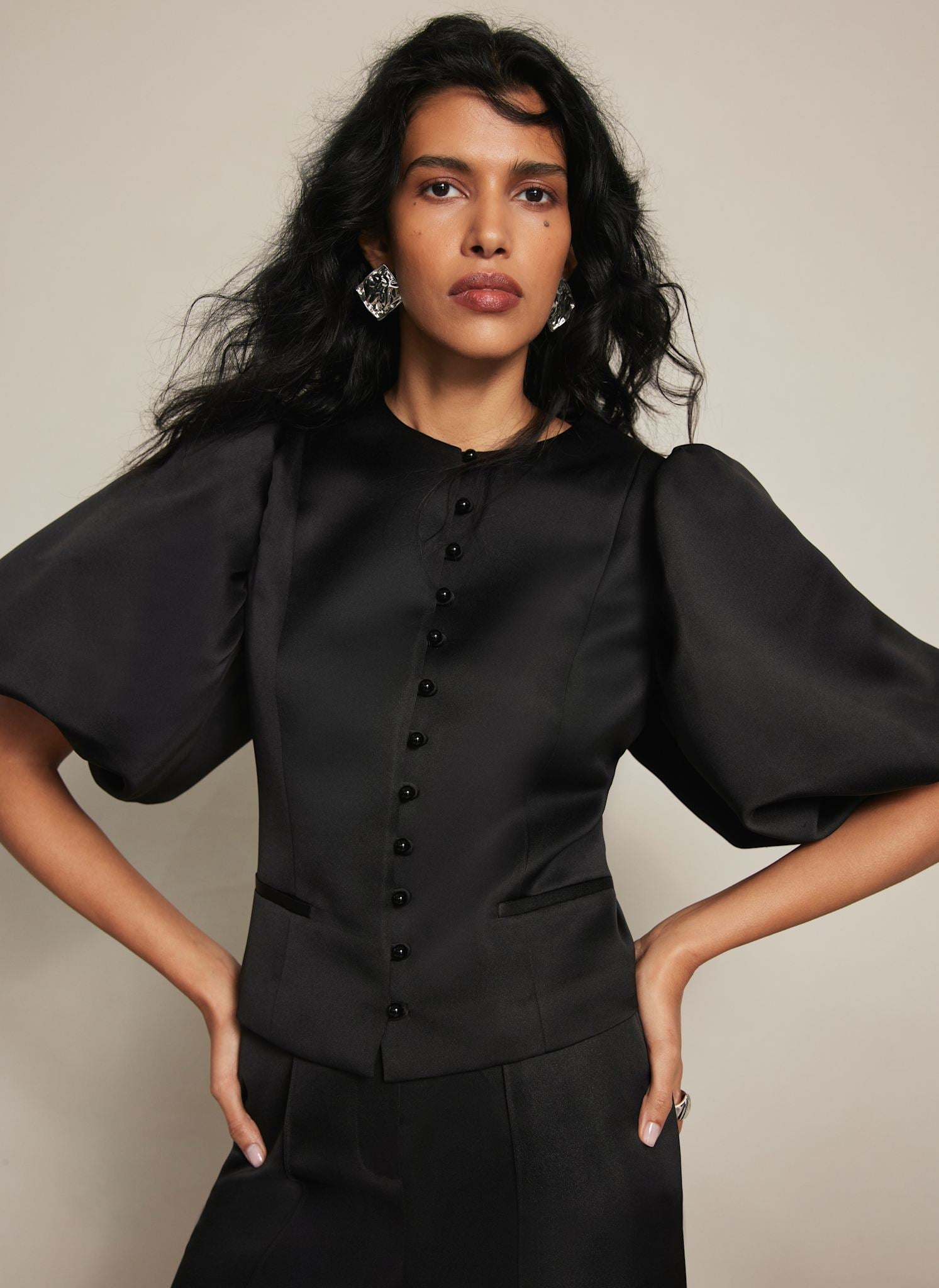 Black Puff Sleeve Satin Jacket – Mint Velvet
