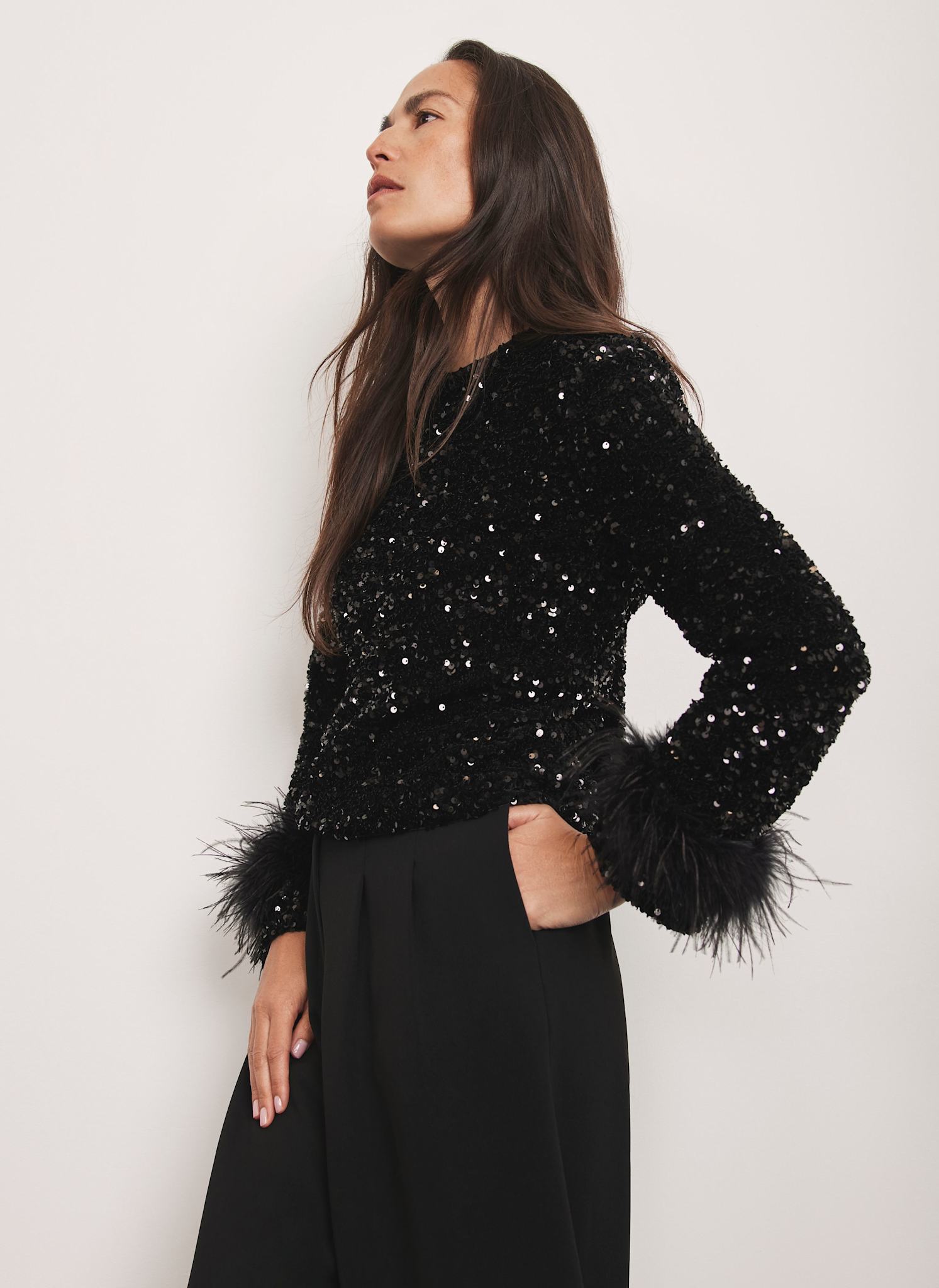 Black Sequin Embellished Feather Trim Top – Mint Velvet