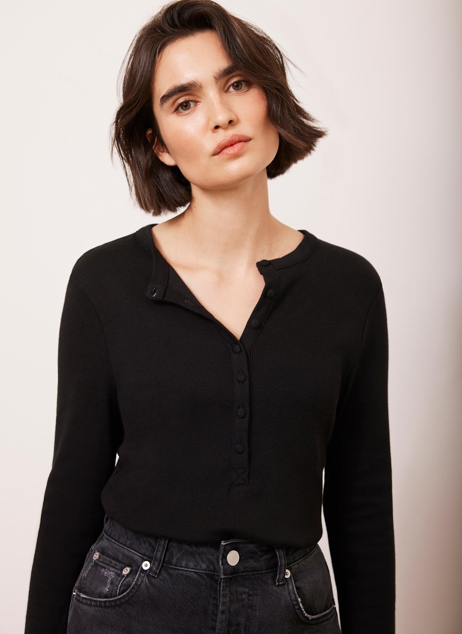 Black Cotton Blend Henley Button Top – Mint Velvet
