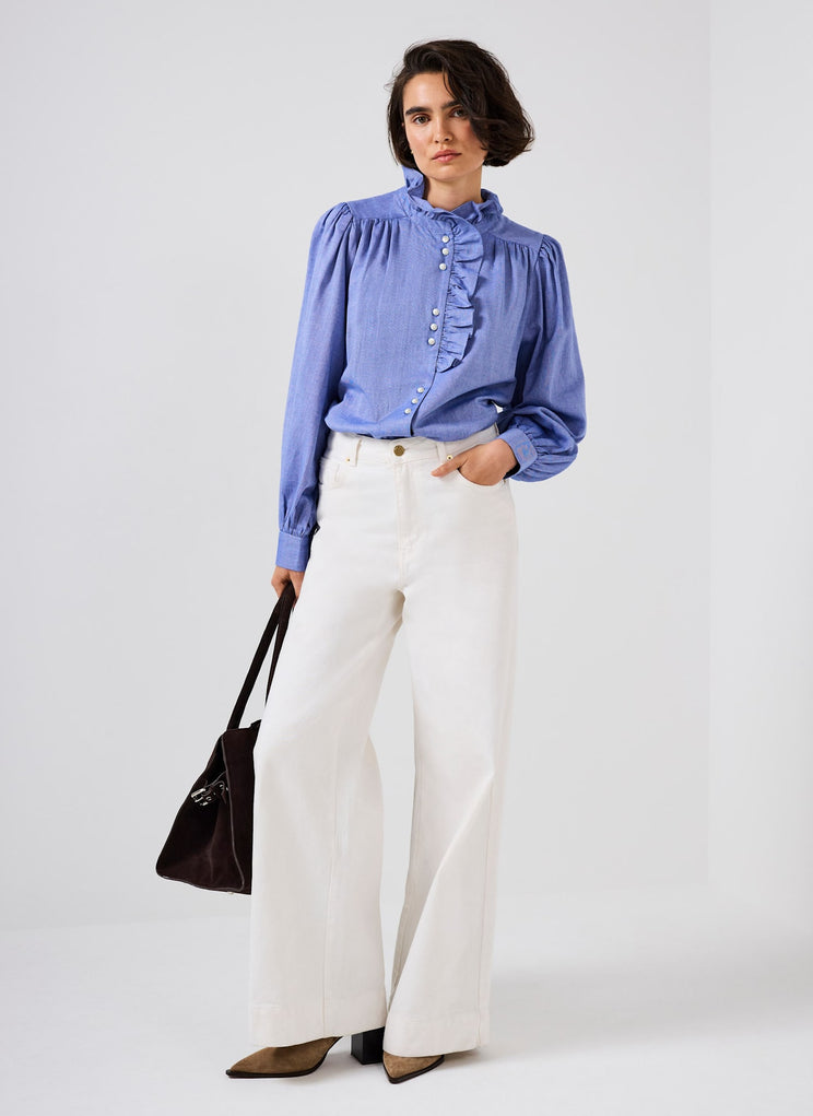 Blue Cotton Chambray Ruffle Blouse – Mint Velvet