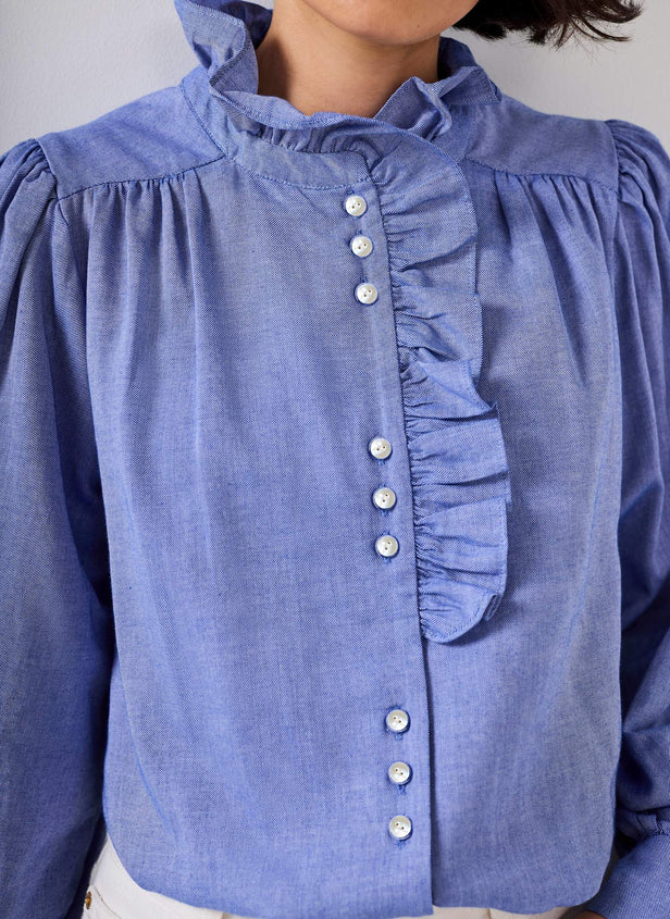 Blue Cotton Chambray Ruffle Blouse – Mint Velvet