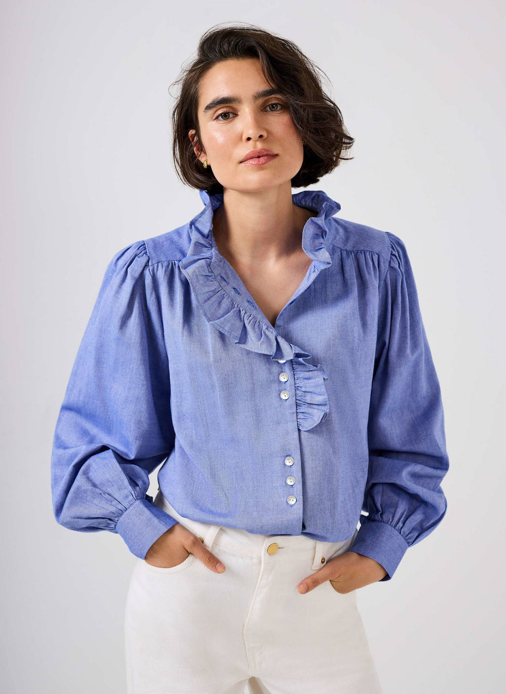 Blue Cotton Chambray Ruffle Blouse – Mint Velvet