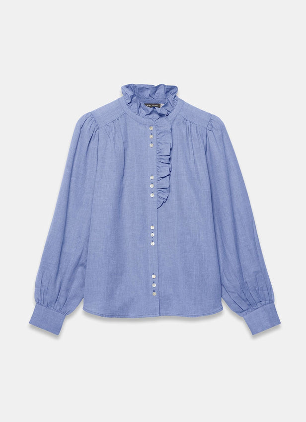 Blue Cotton Chambray Ruffle Blouse – Mint Velvet