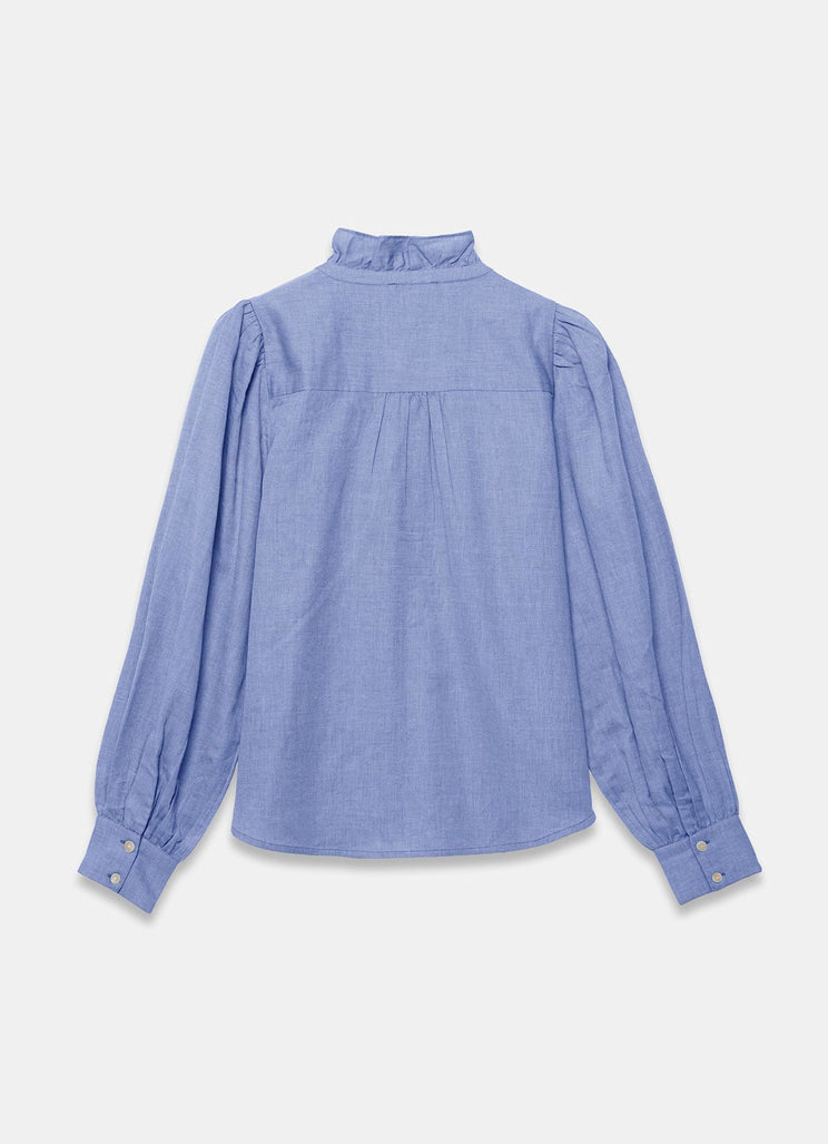 Blue Cotton Chambray Ruffle Blouse – Mint Velvet