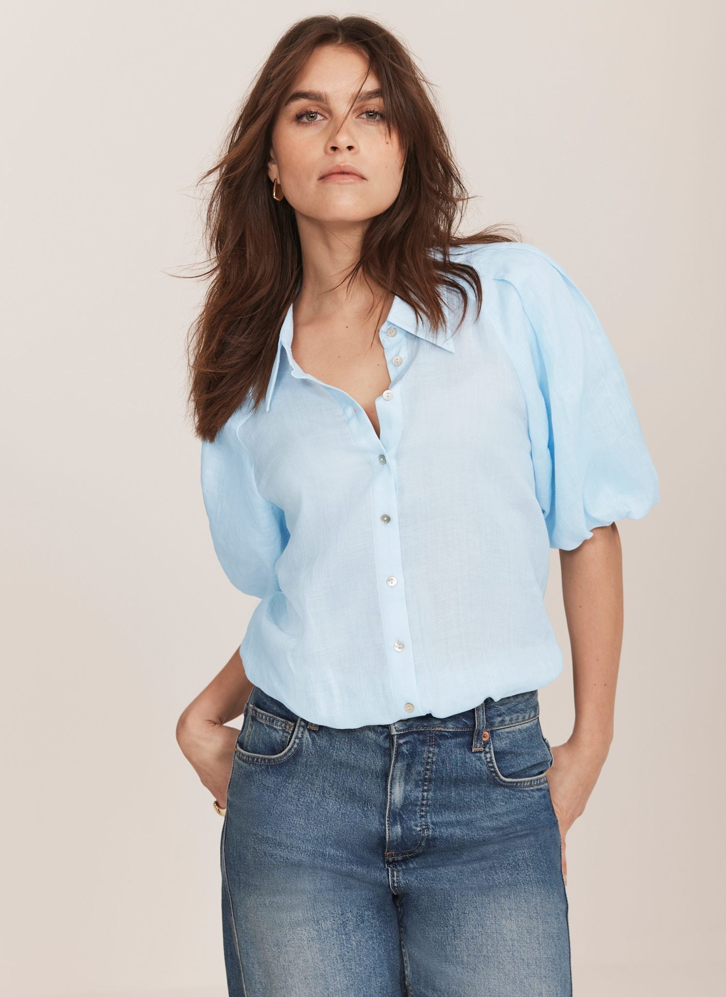 Blue Puff Sleeve Shirt – Mint Velvet