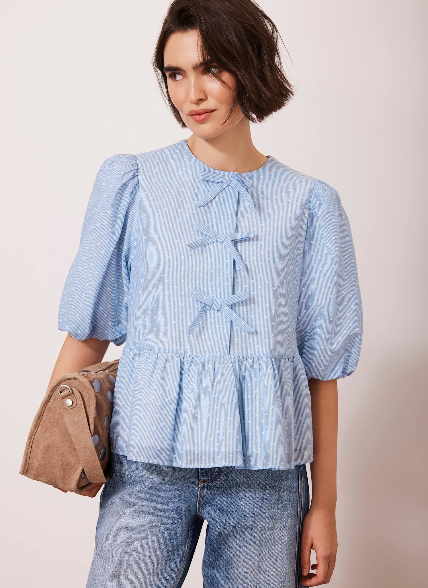 Blue Striped Polka Heart Puff Sleeve Top – Mint Velvet
