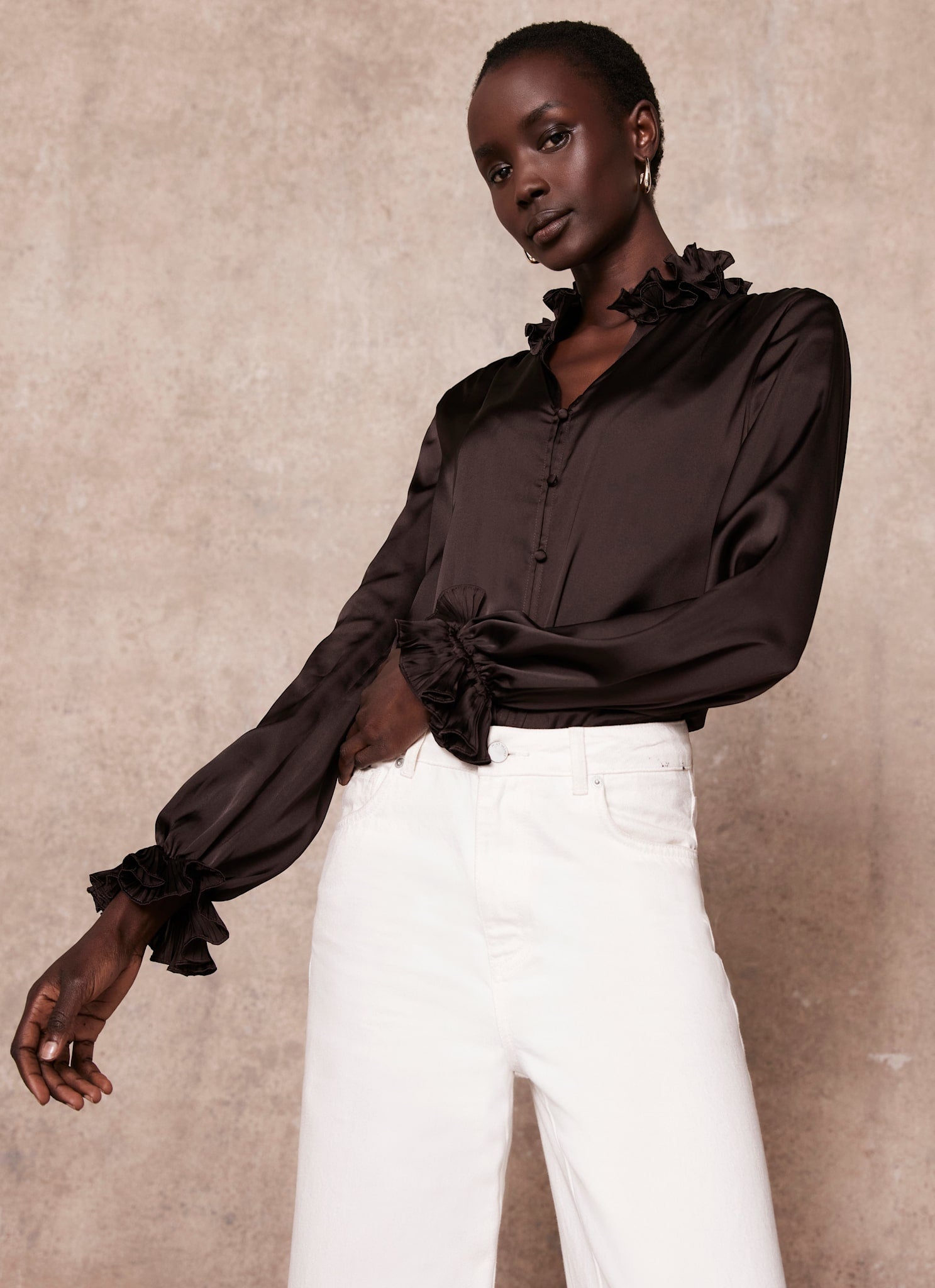 Brown Ruffle Satin Blouse – Mint Velvet