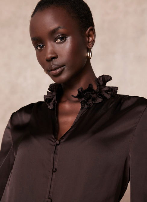 Brown Ruffle Satin Blouse – Mint Velvet