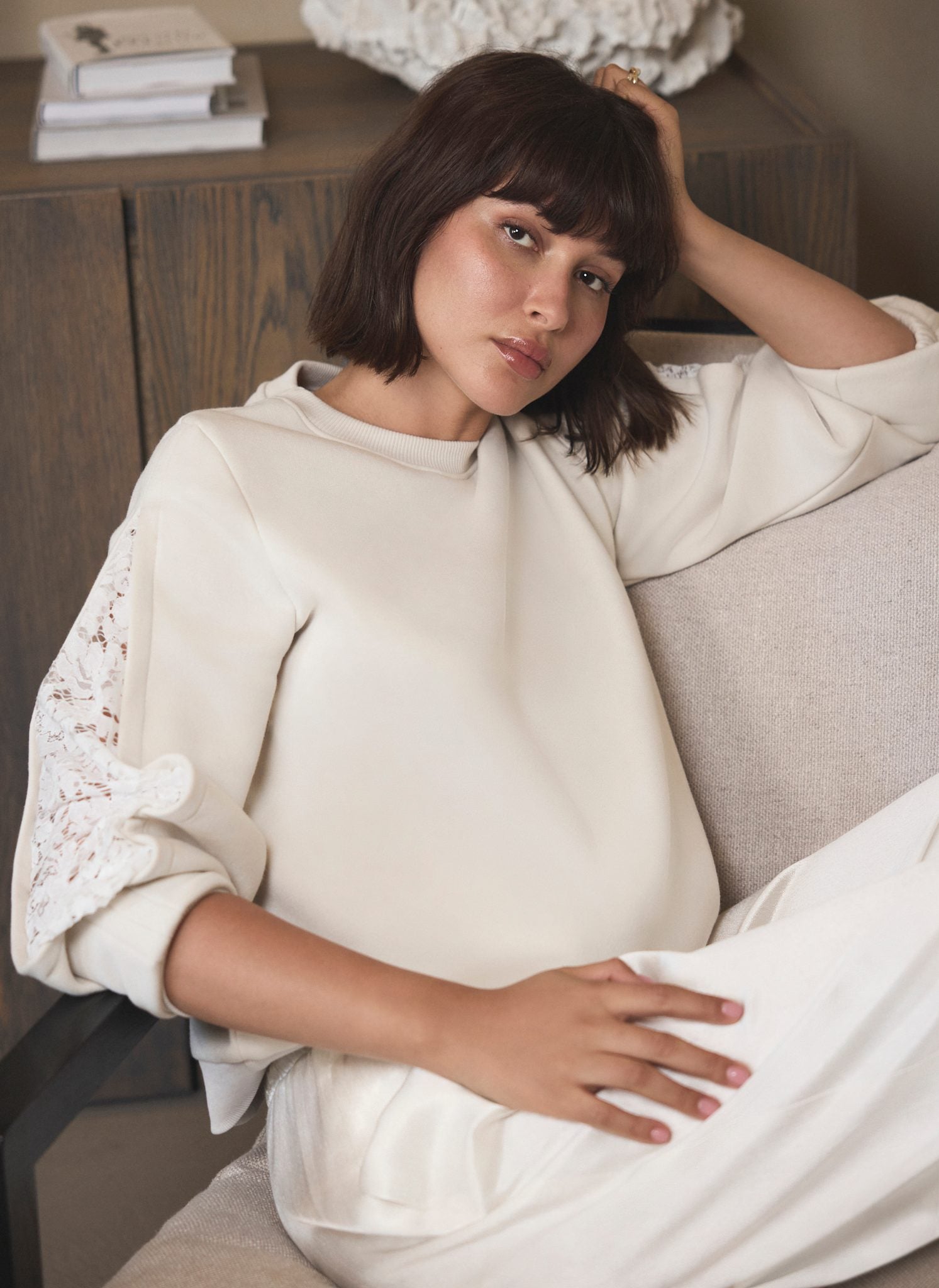 Cream Cotton Blend Lace Sleeve Sweatshirt – Mint Velvet