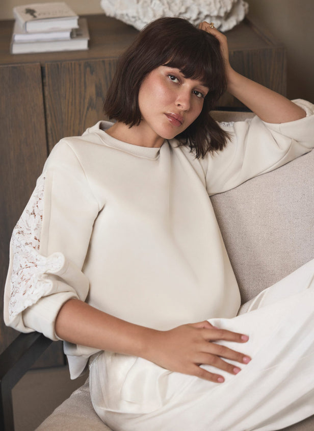 Cream Cotton Blend Lace Sleeve Sweatshirt – Mint Velvet