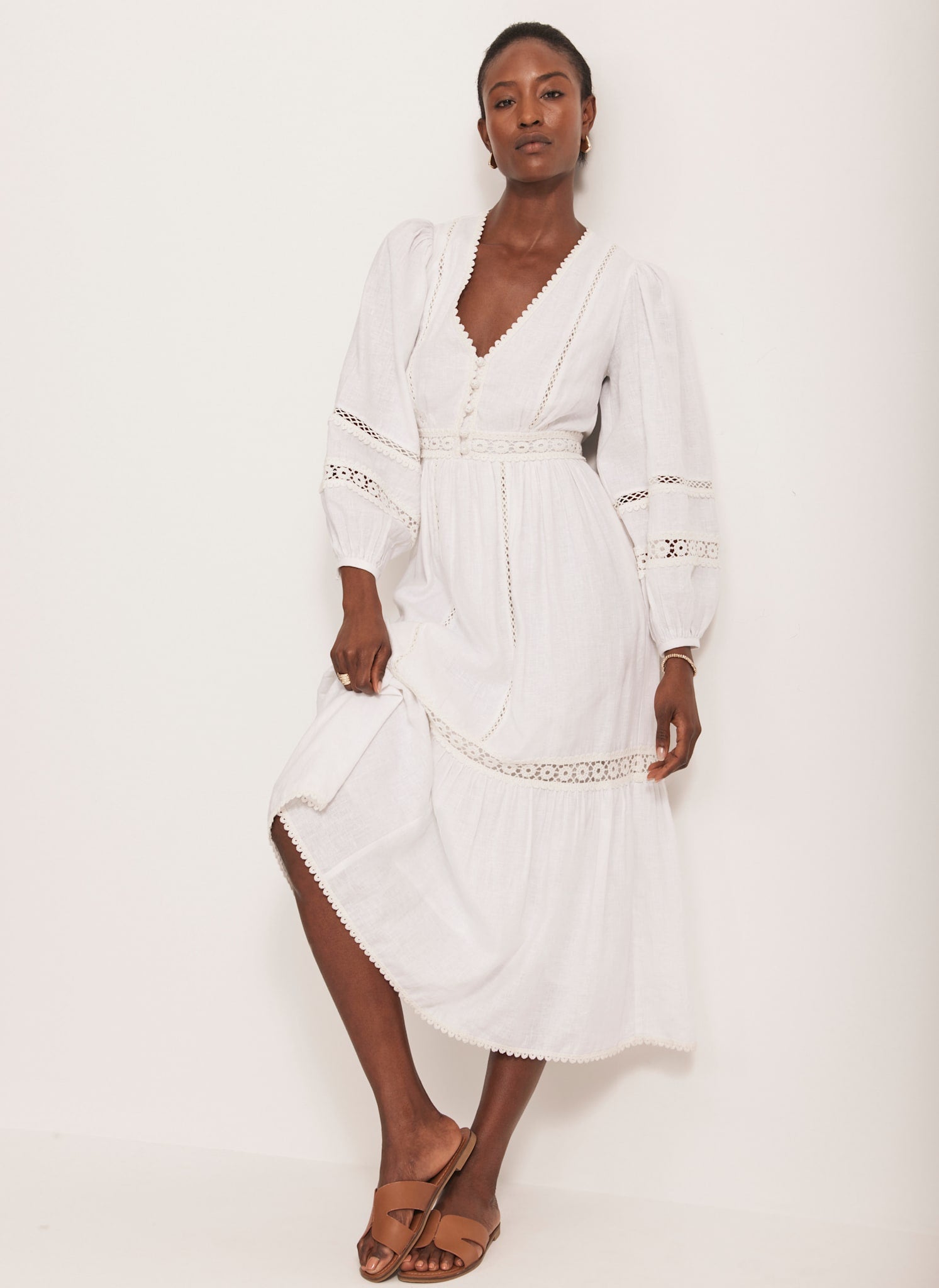 White Crochet Linen Blend Midi Dress – Mint Velvet