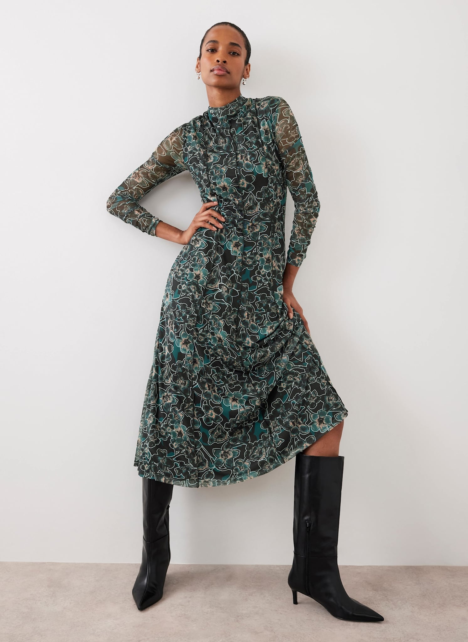 Green Floral Print Mesh Midi Dress – Mint Velvet