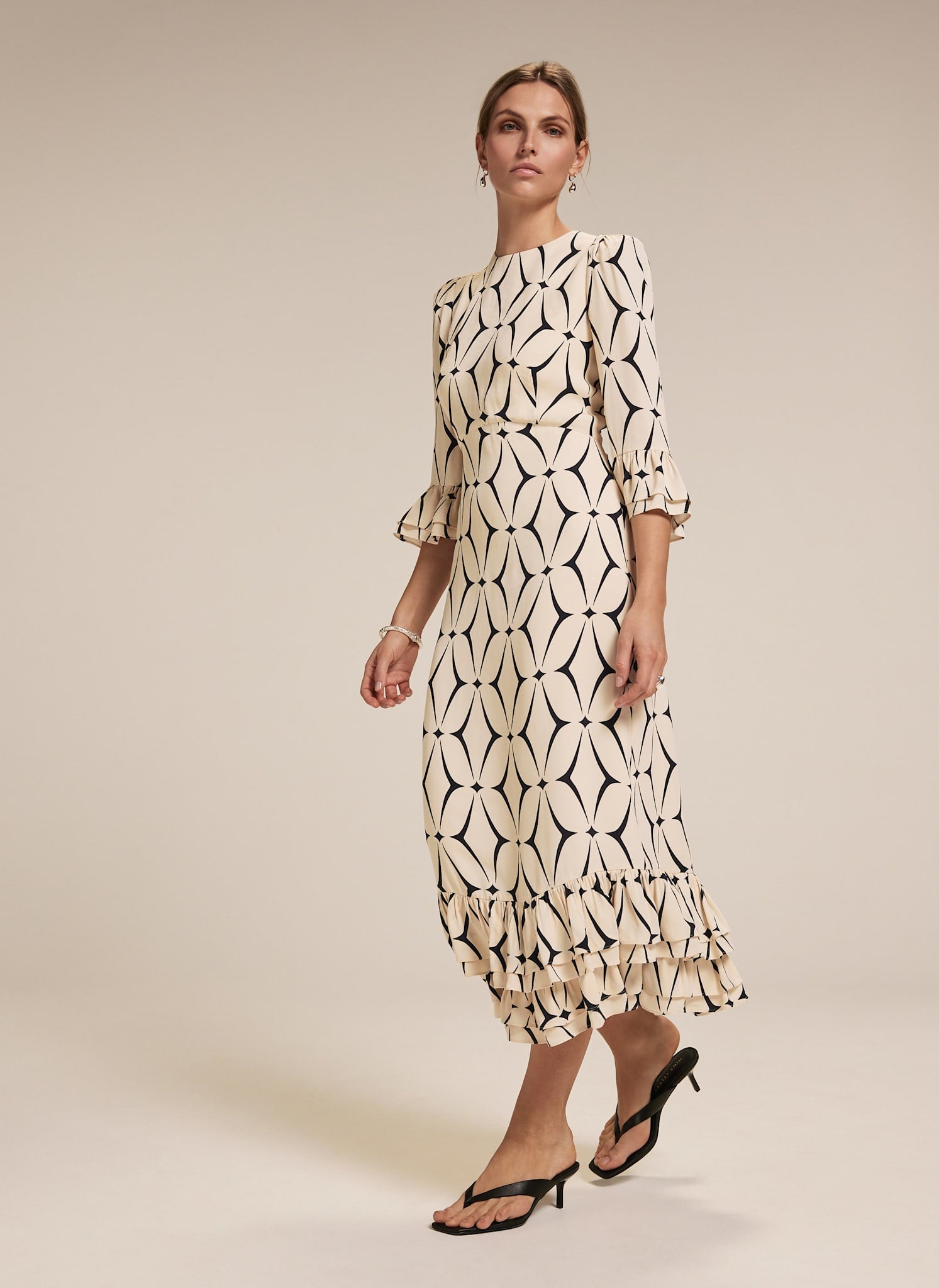 Cream Geometric Print Ruffle Midi Dress – Mint Velvet