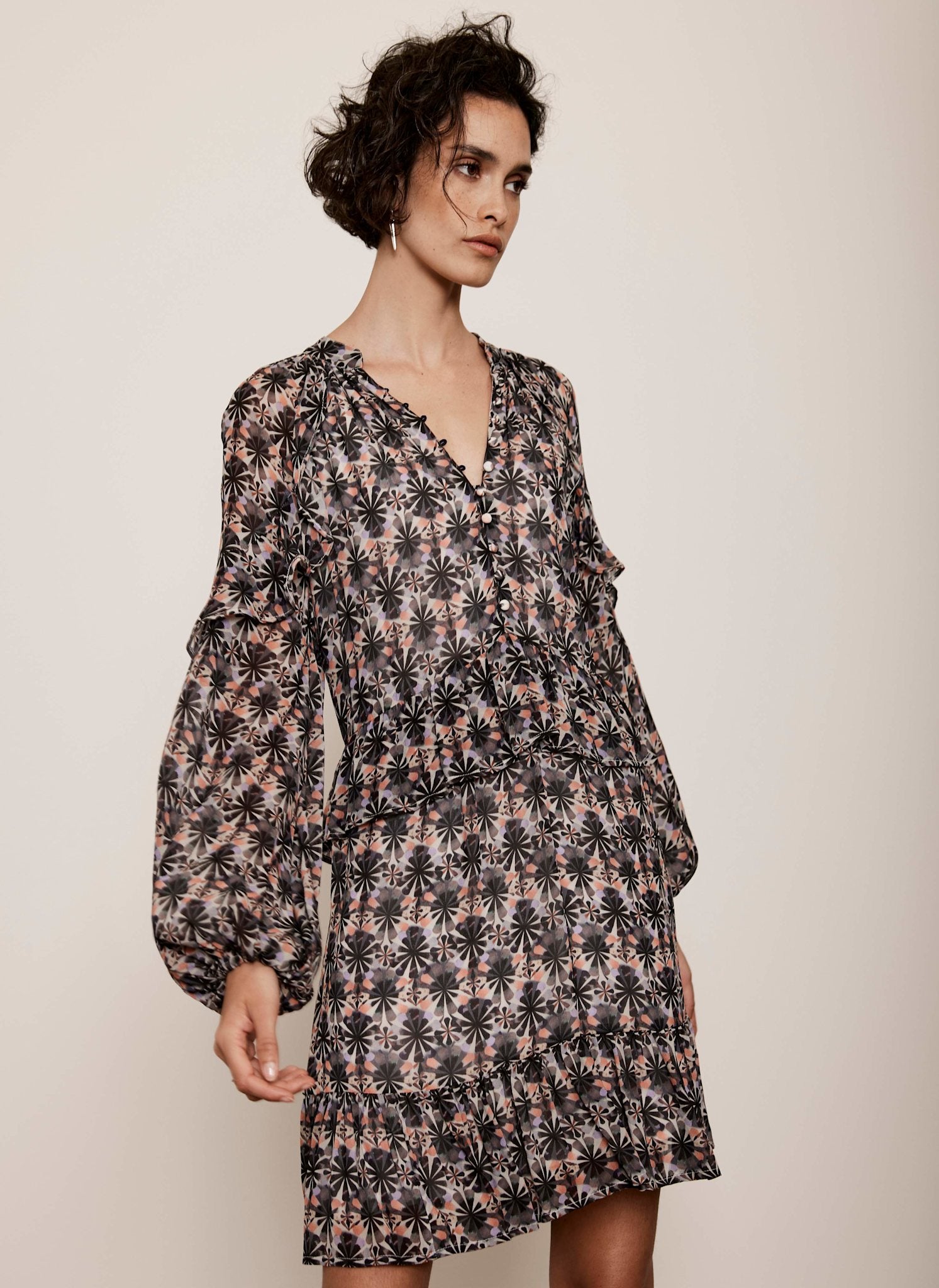 Black Geometric Print Ruffle Mini Dress – Mint Velvet