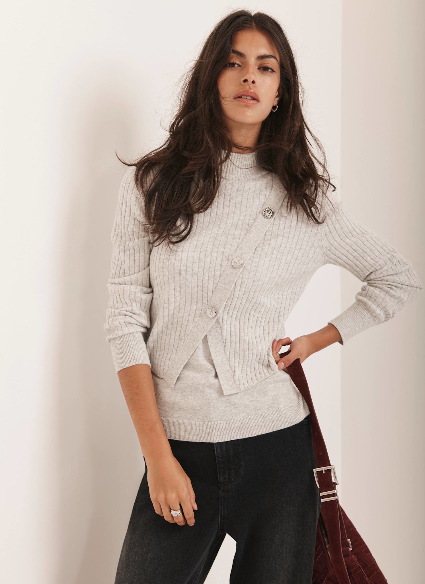 Grey Cotton Blend Ribbed Jumper – Mint Velvet