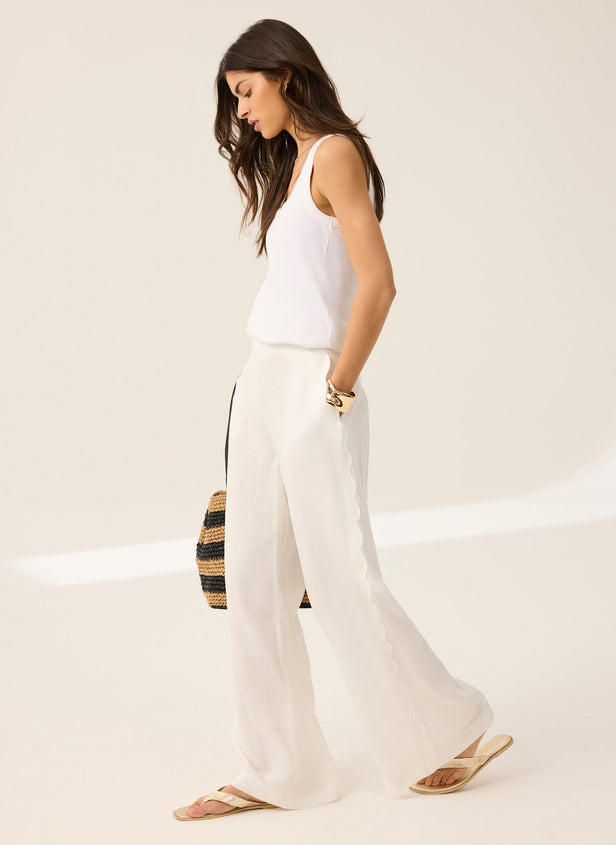 White Linen Scallop Trim Trousers – Mint Velvet