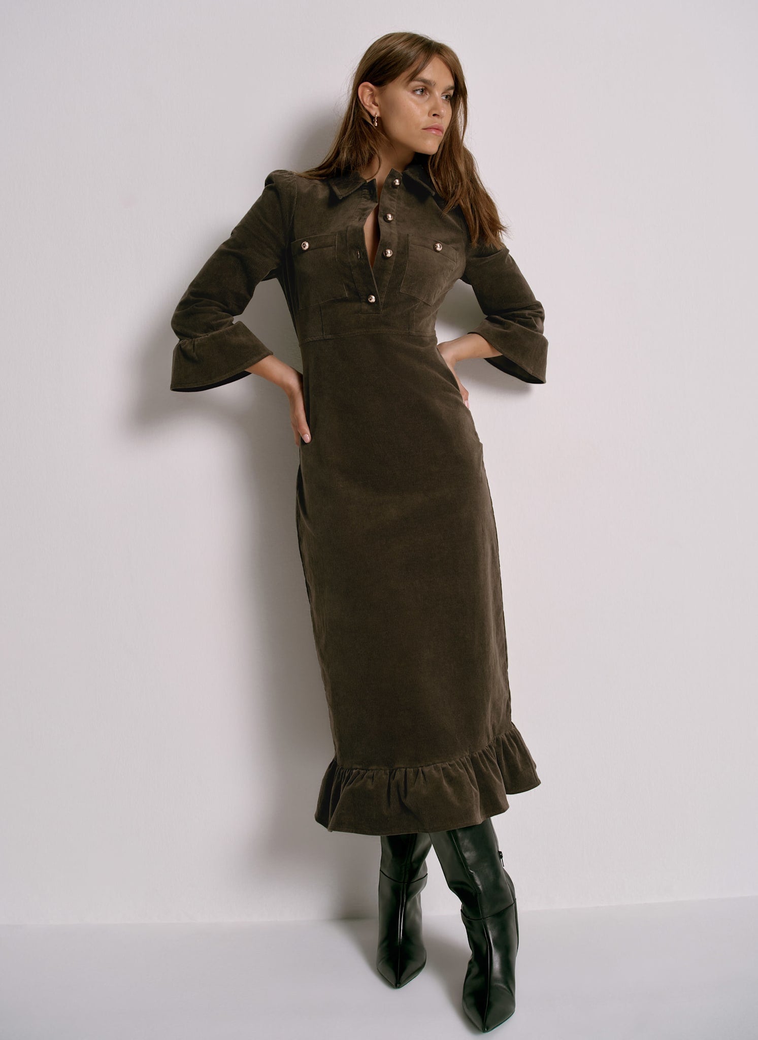 Khaki Corduroy Midi Dress – Mint Velvet