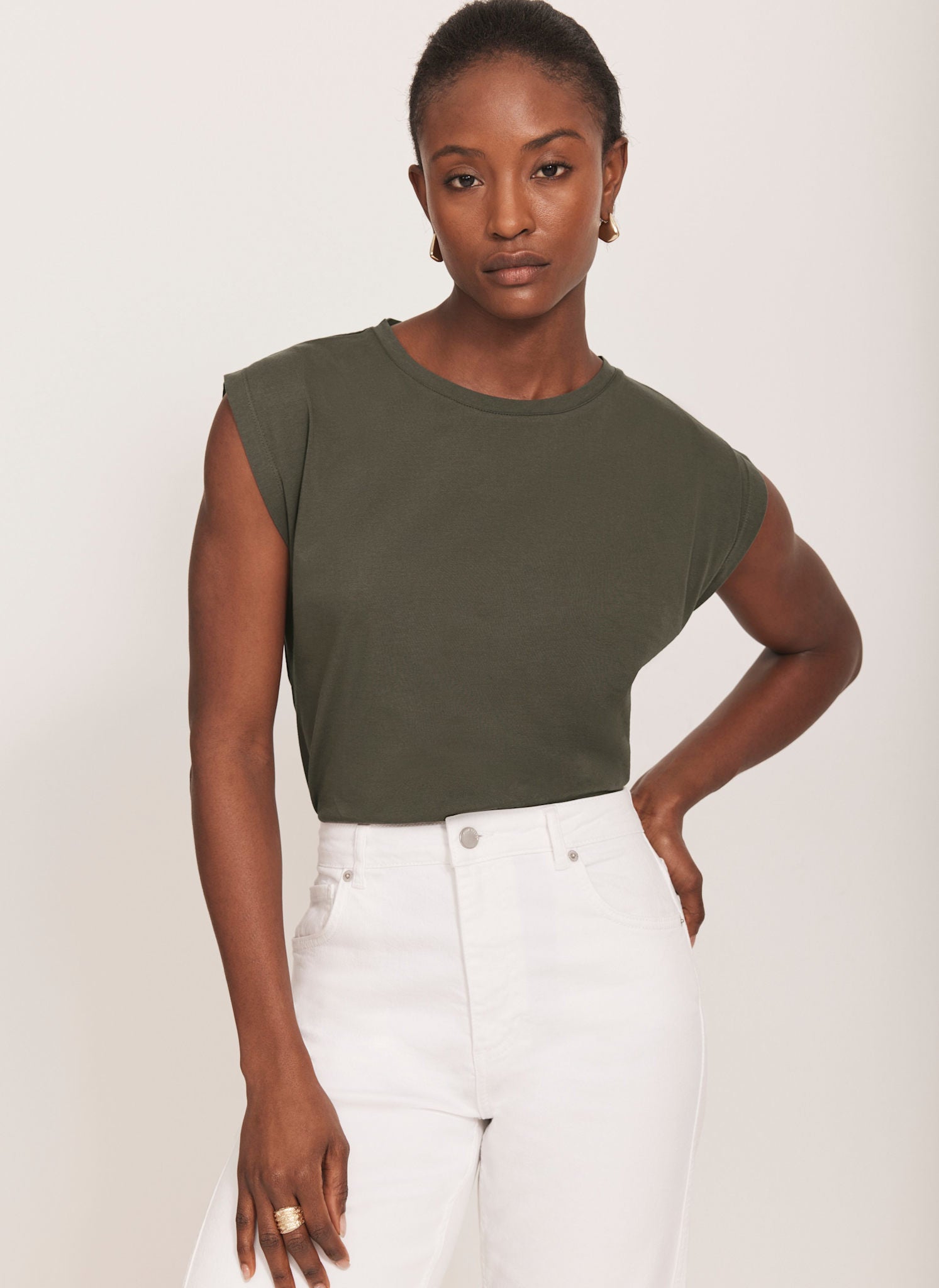 Khaki Cotton Extended Shoulder T-Shirt – Mint Velvet