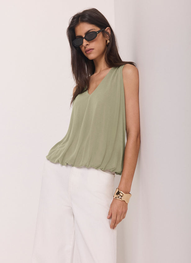 Khaki V Neck Bubble Hem Top – Mint Velvet