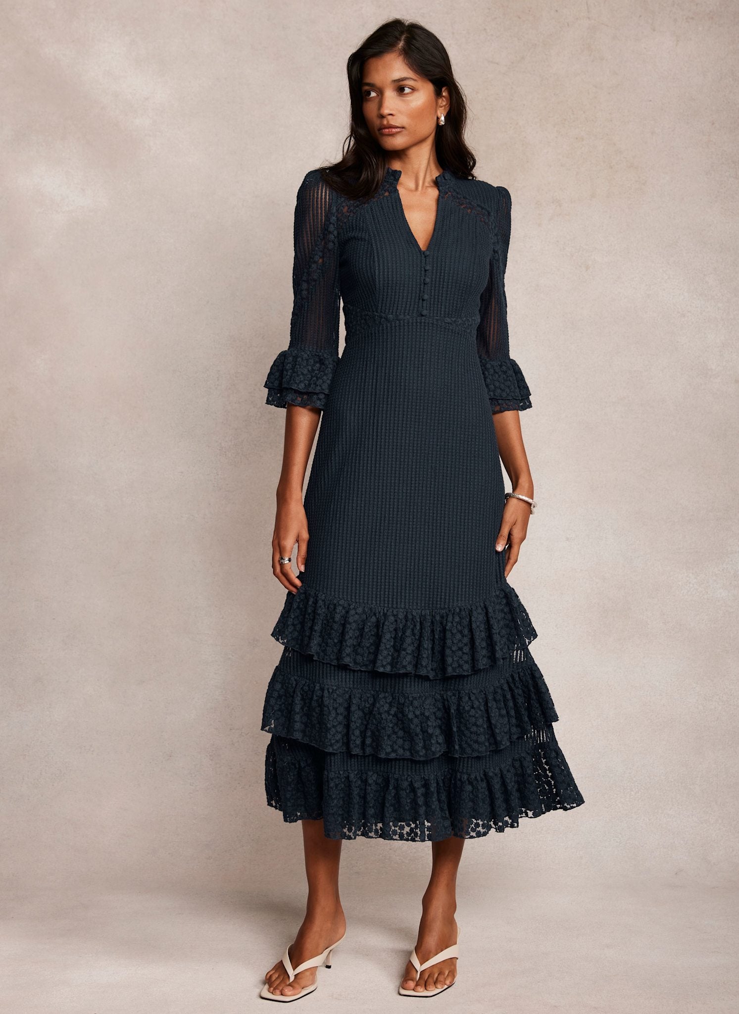 Navy Lace Mesh Ruffle Midi Dress – Mint Velvet