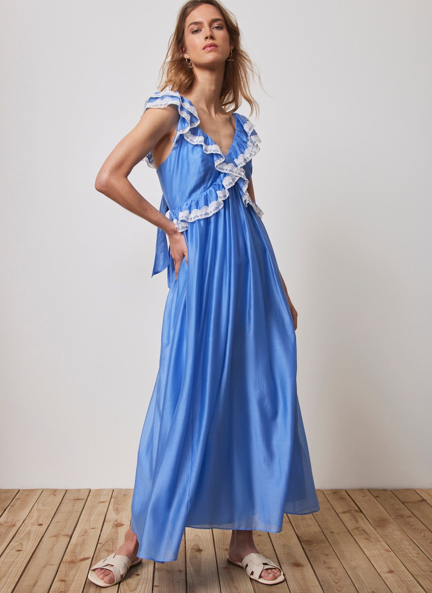 Blue Ruffle Lace Trim Midi Dress – Mint Velvet