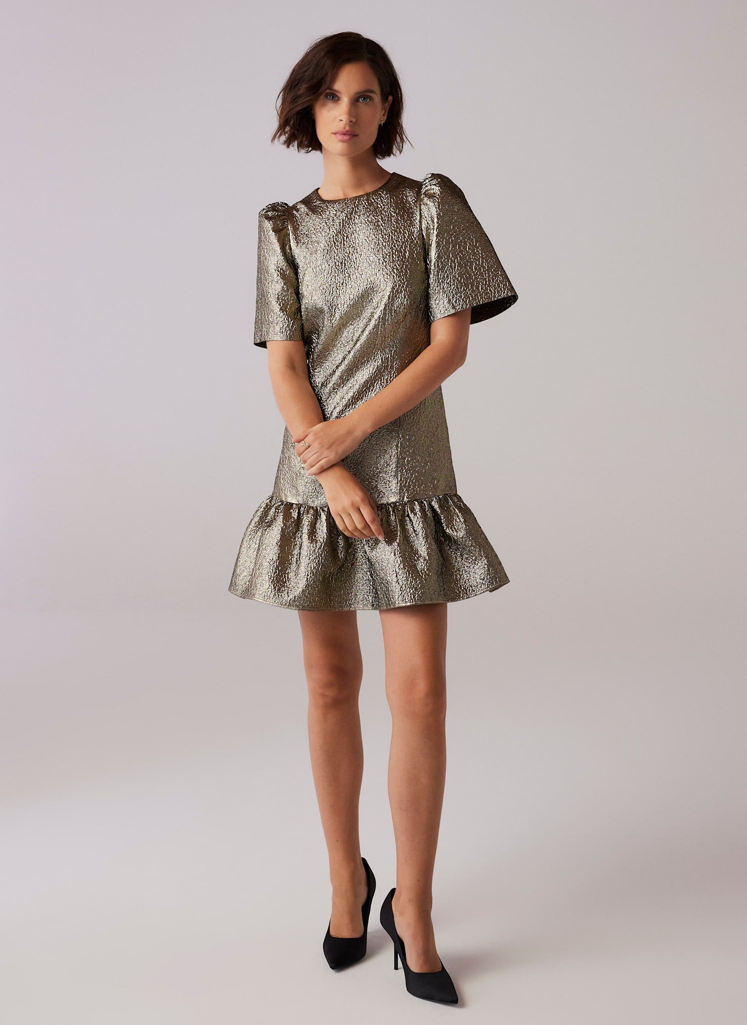 Gold Metallic Frill Mini Dress – Mint Velvet