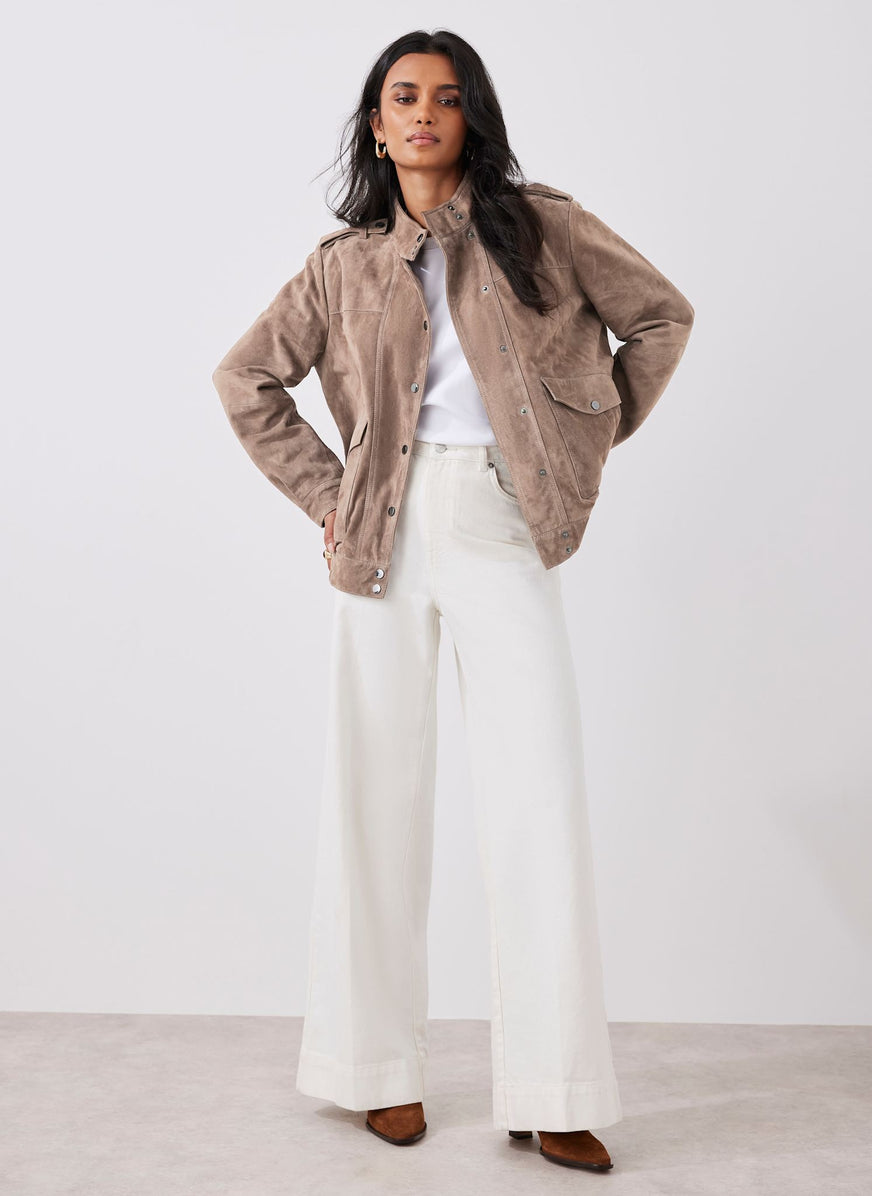 Neutral Suede Pilot Bomber Jacket – Mint Velvet