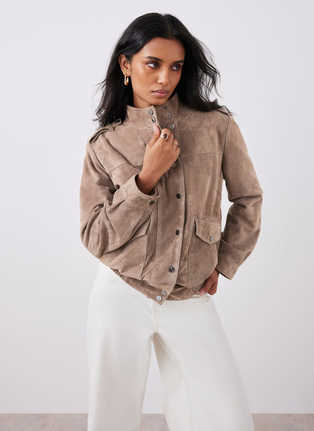 Neutral Suede Pilot Bomber Jacket – Mint Velvet