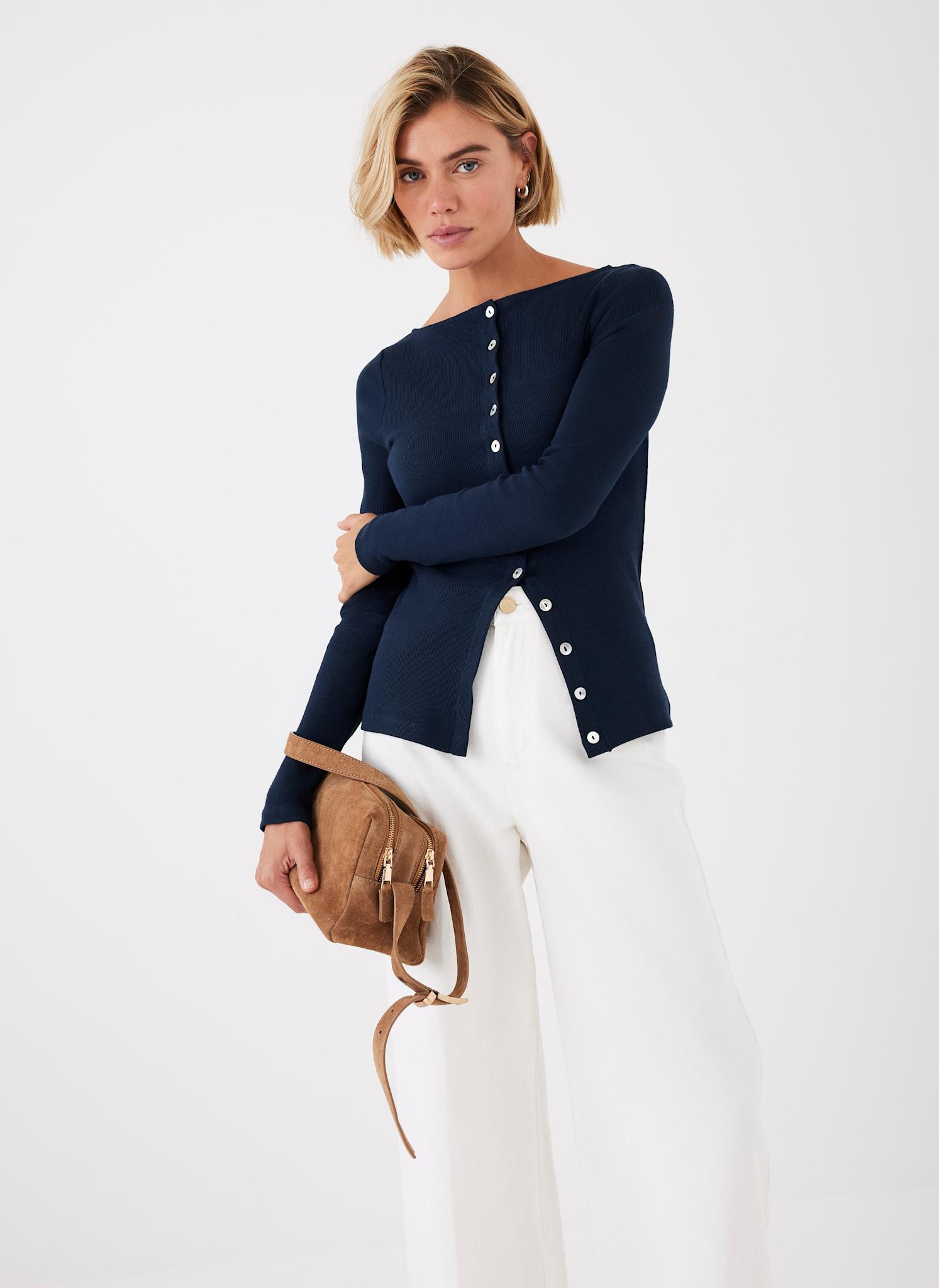 Navy Cotton Blend Button Detail Top – Mint Velvet