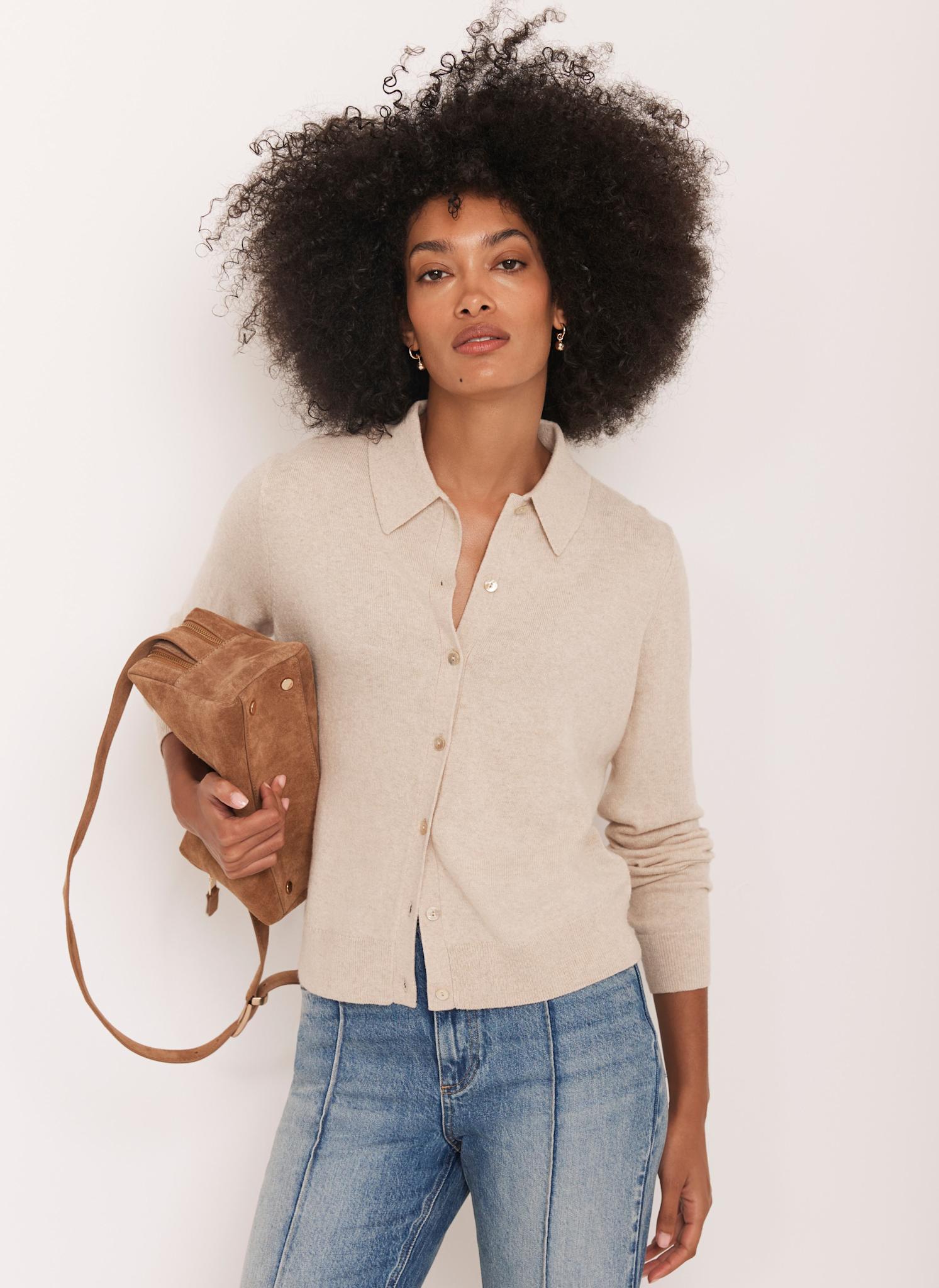 Neutral Cotton Blend Button Collar Cardigan – Mint Velvet