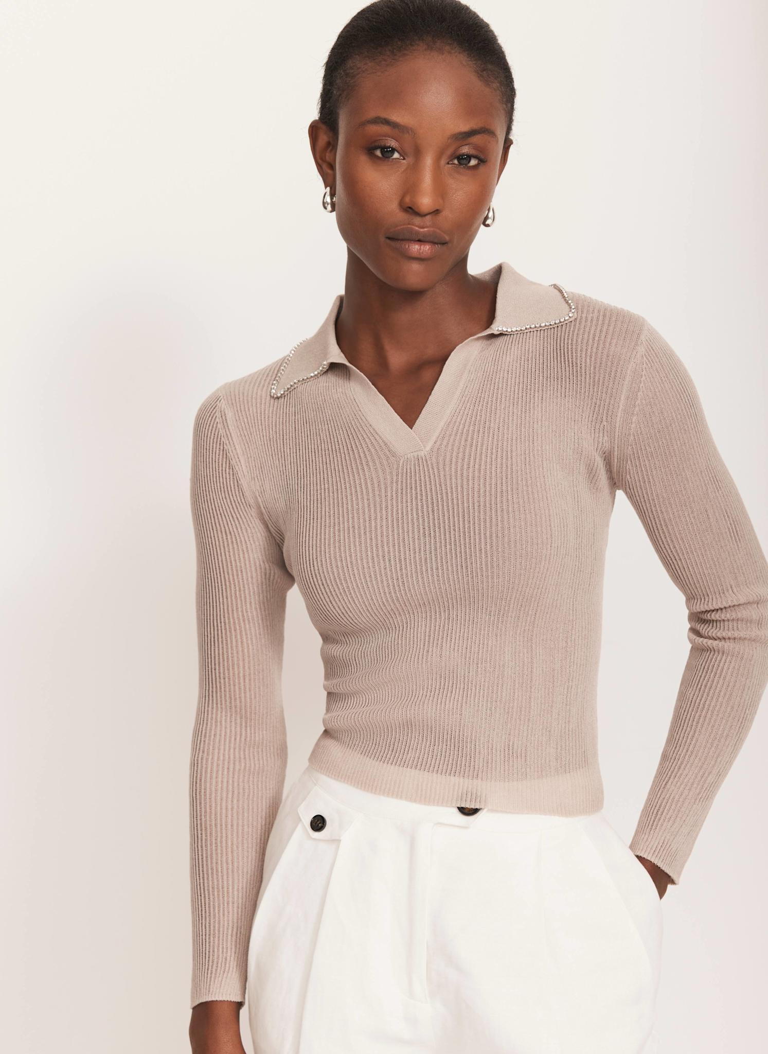 Neutral Embellished Collar Top – Mint Velvet