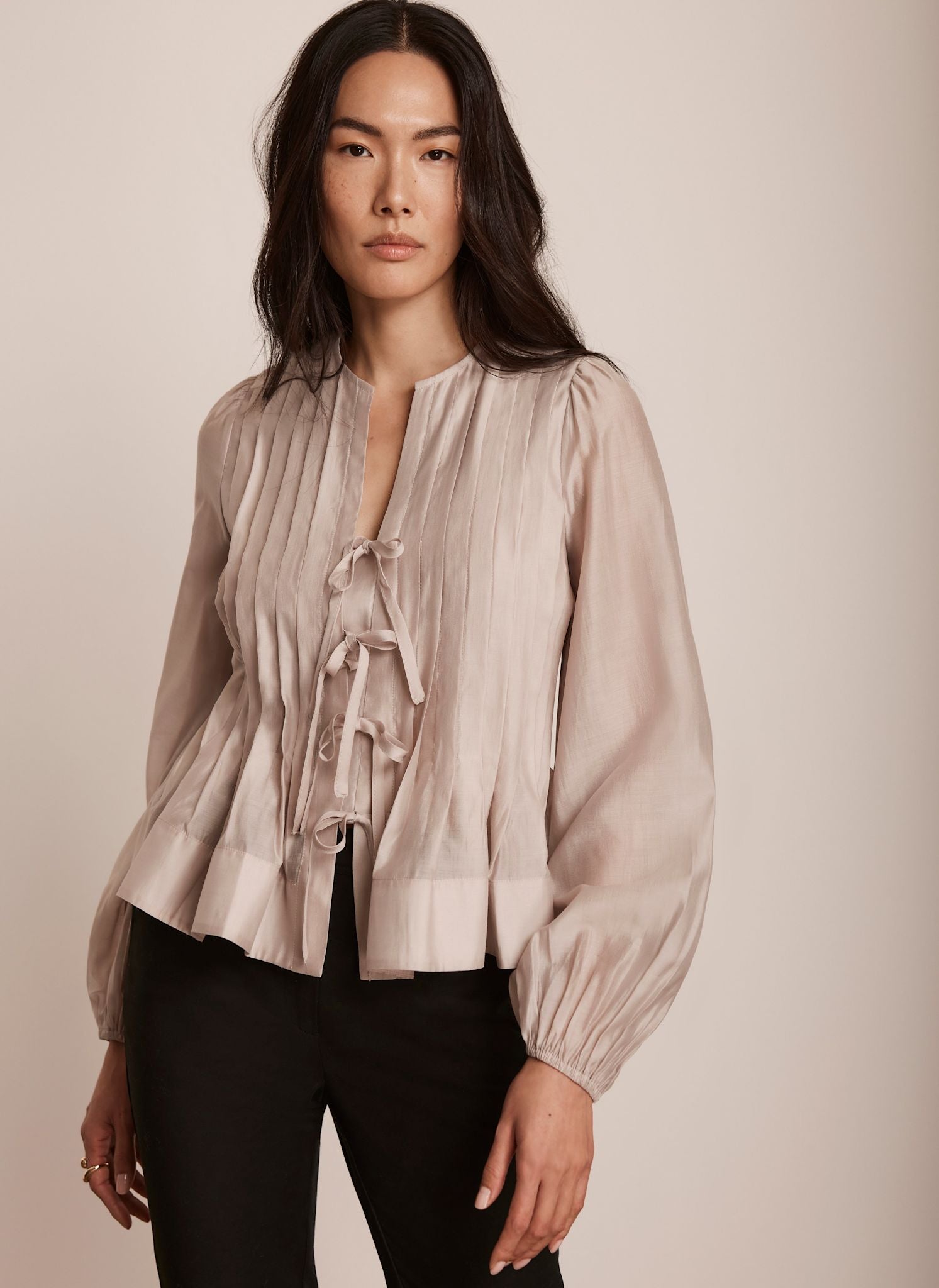 Neutral Tie Front Pleated Blouse – Mint Velvet