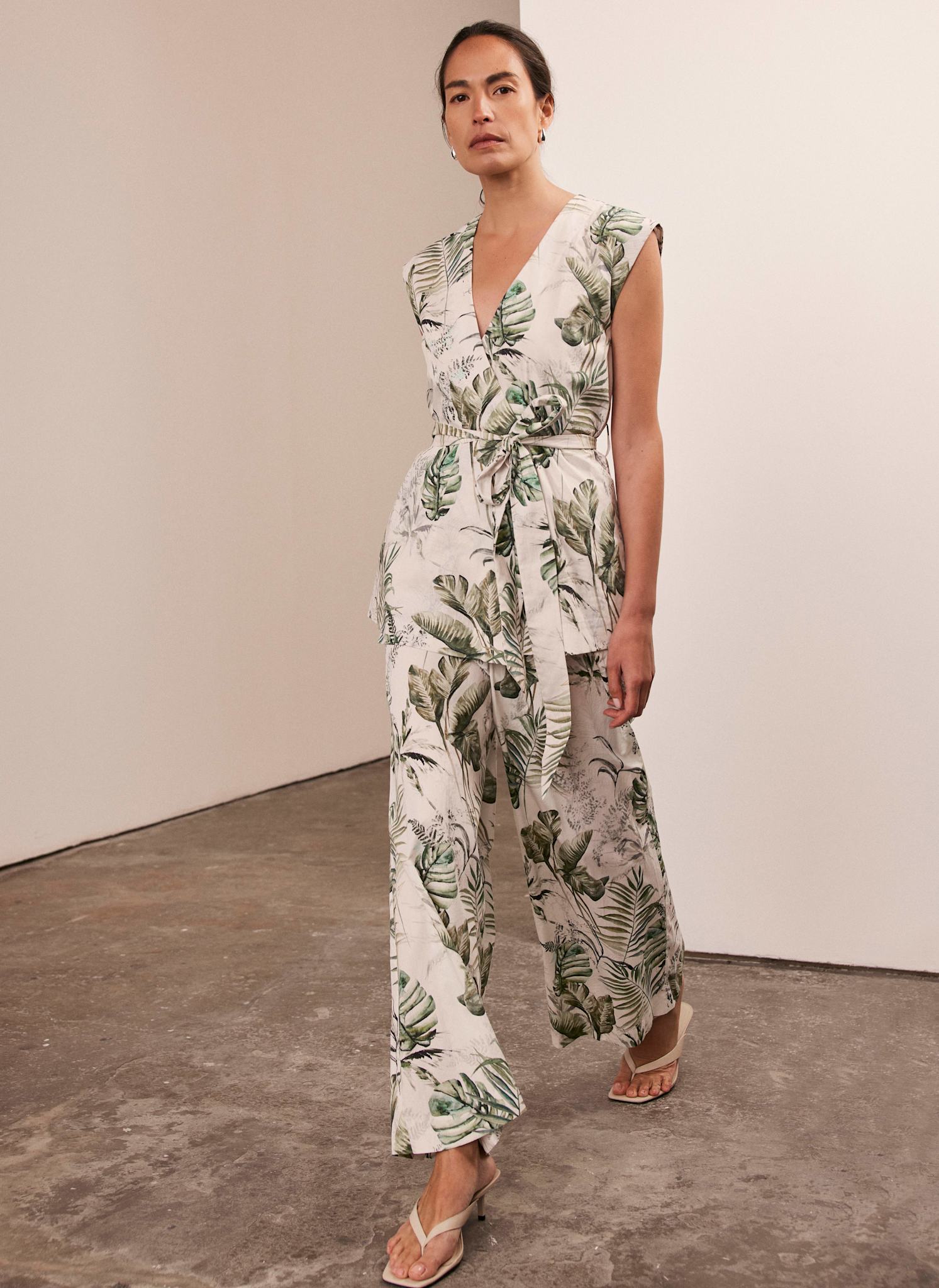 Green Cotton Wide Palm Print Trousers – Mint Velvet