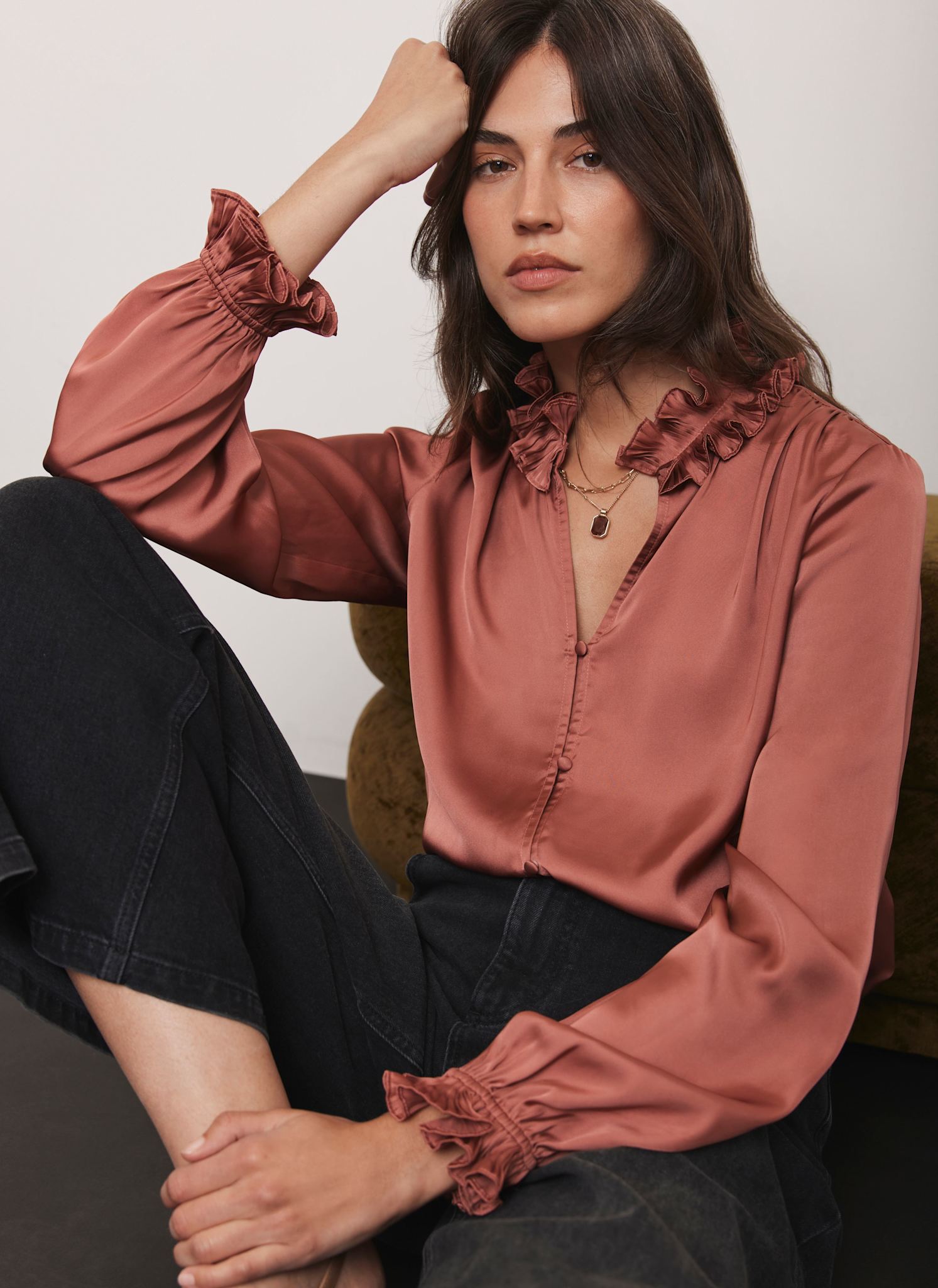 Pink Ruffle Satin Blouse – Mint Velvet