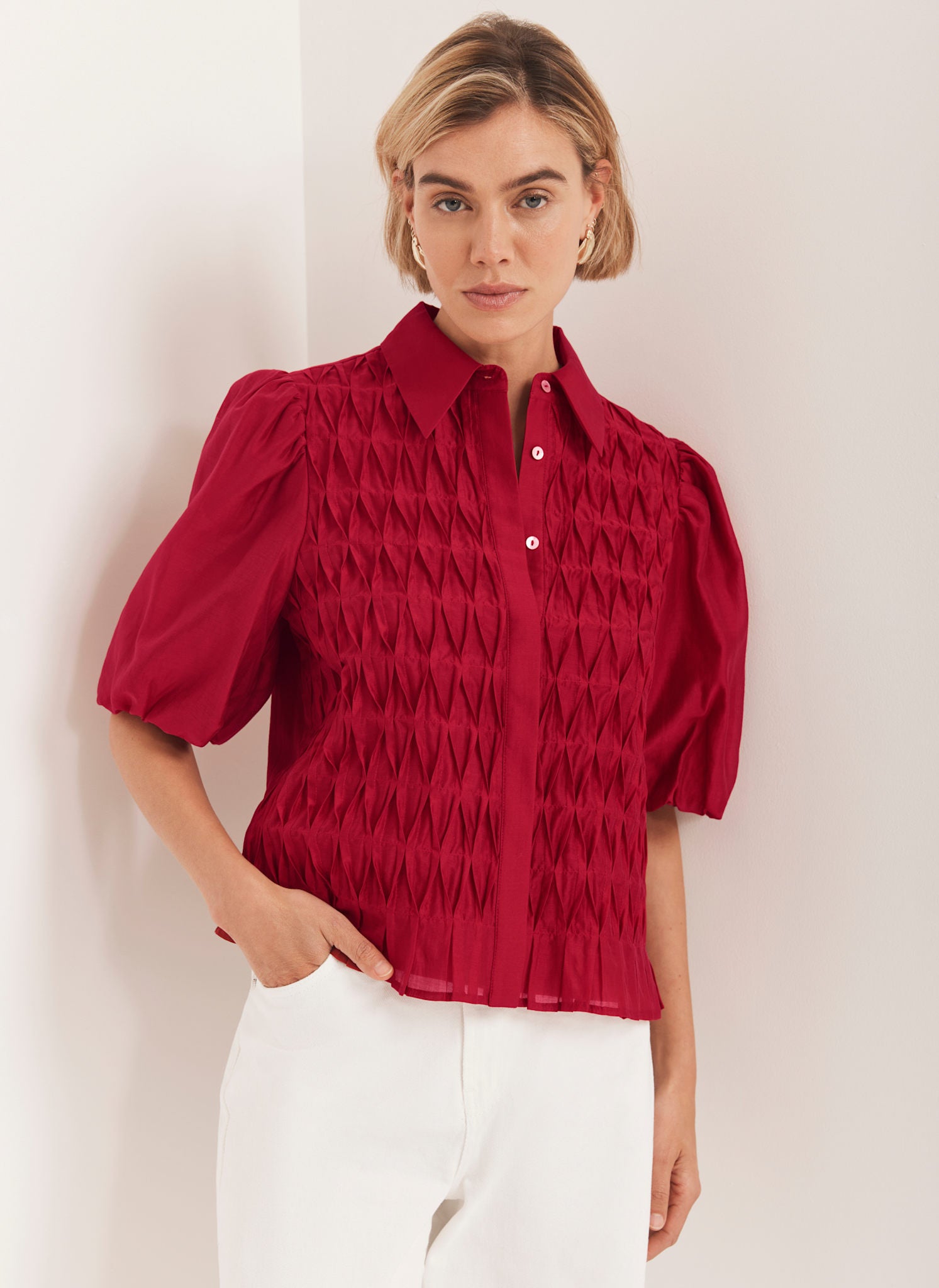 Red Puff Sleeve Smock Shirt – Mint Velvet
