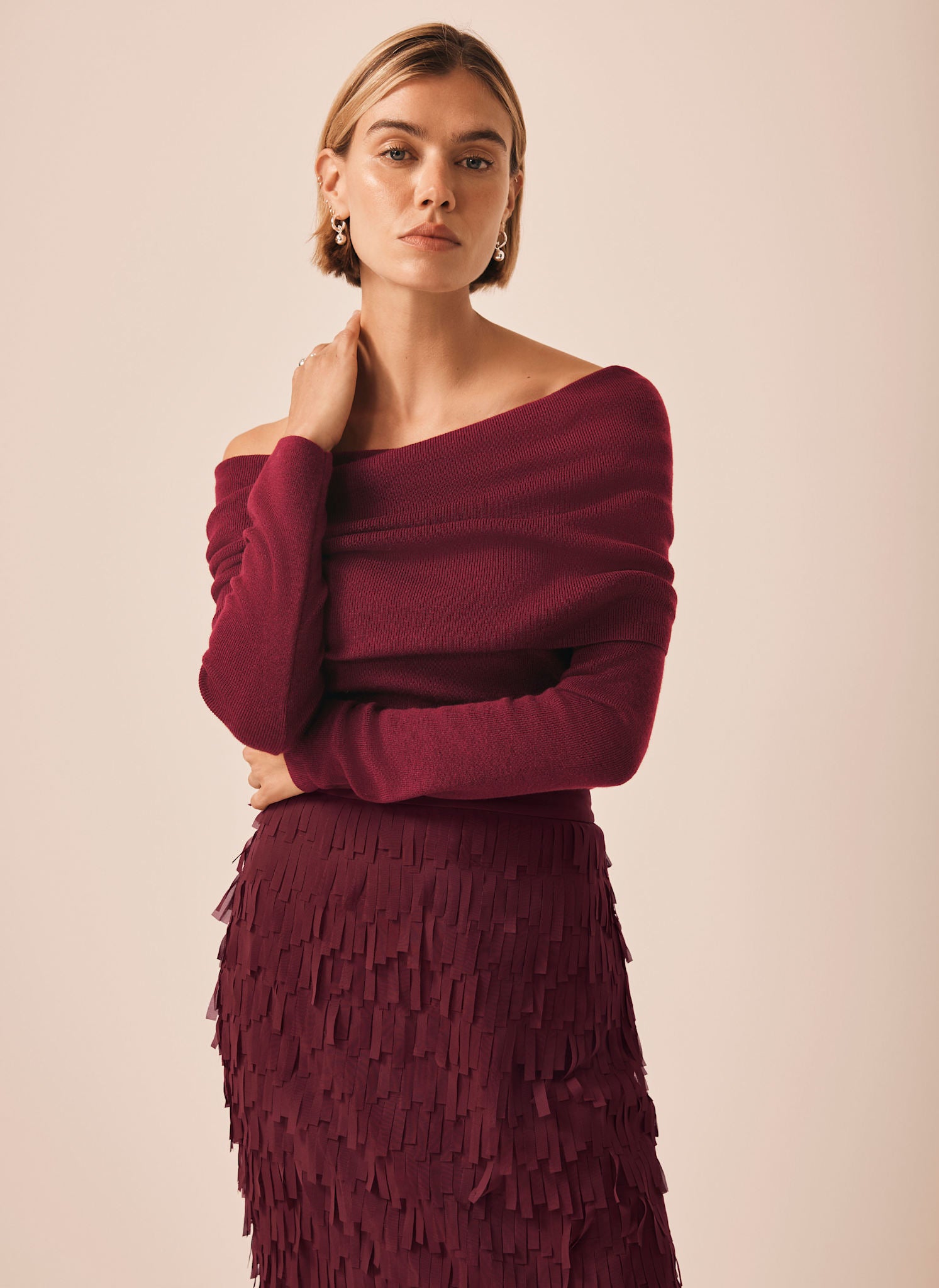 Burgundy Ribbed Bardot Top – Mint Velvet