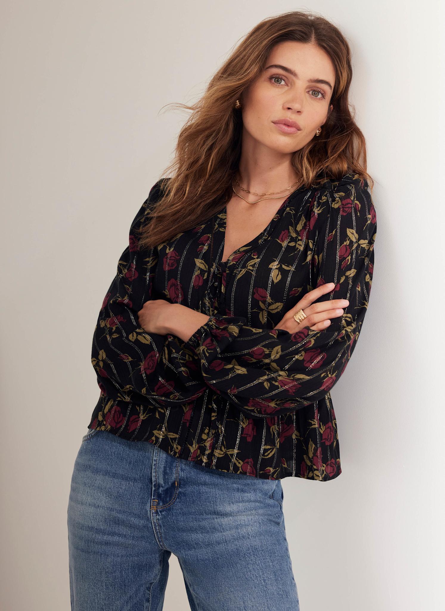 Black Rose Print Tie Front Top – Mint Velvet