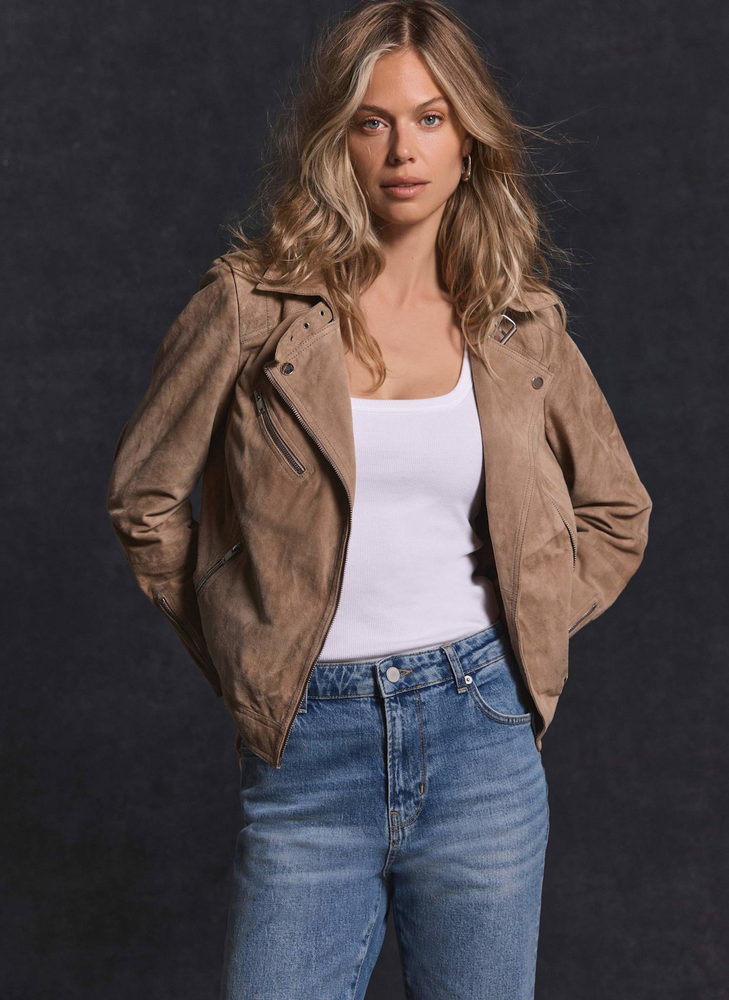 Neutral Suede Biker Jacket – Mint Velvet