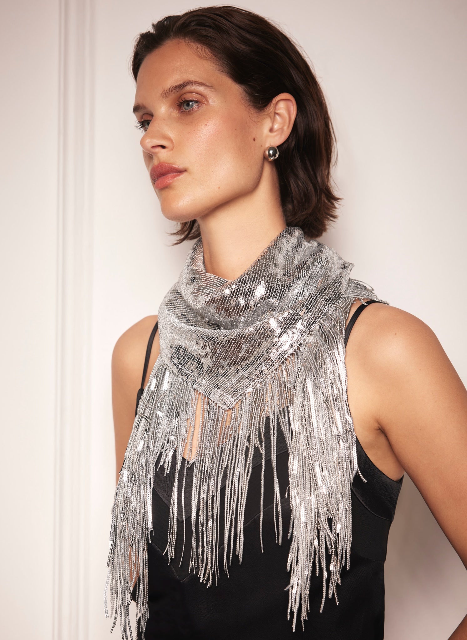 Silver Metallic Sequin Fringe Scarf – Mint Velvet