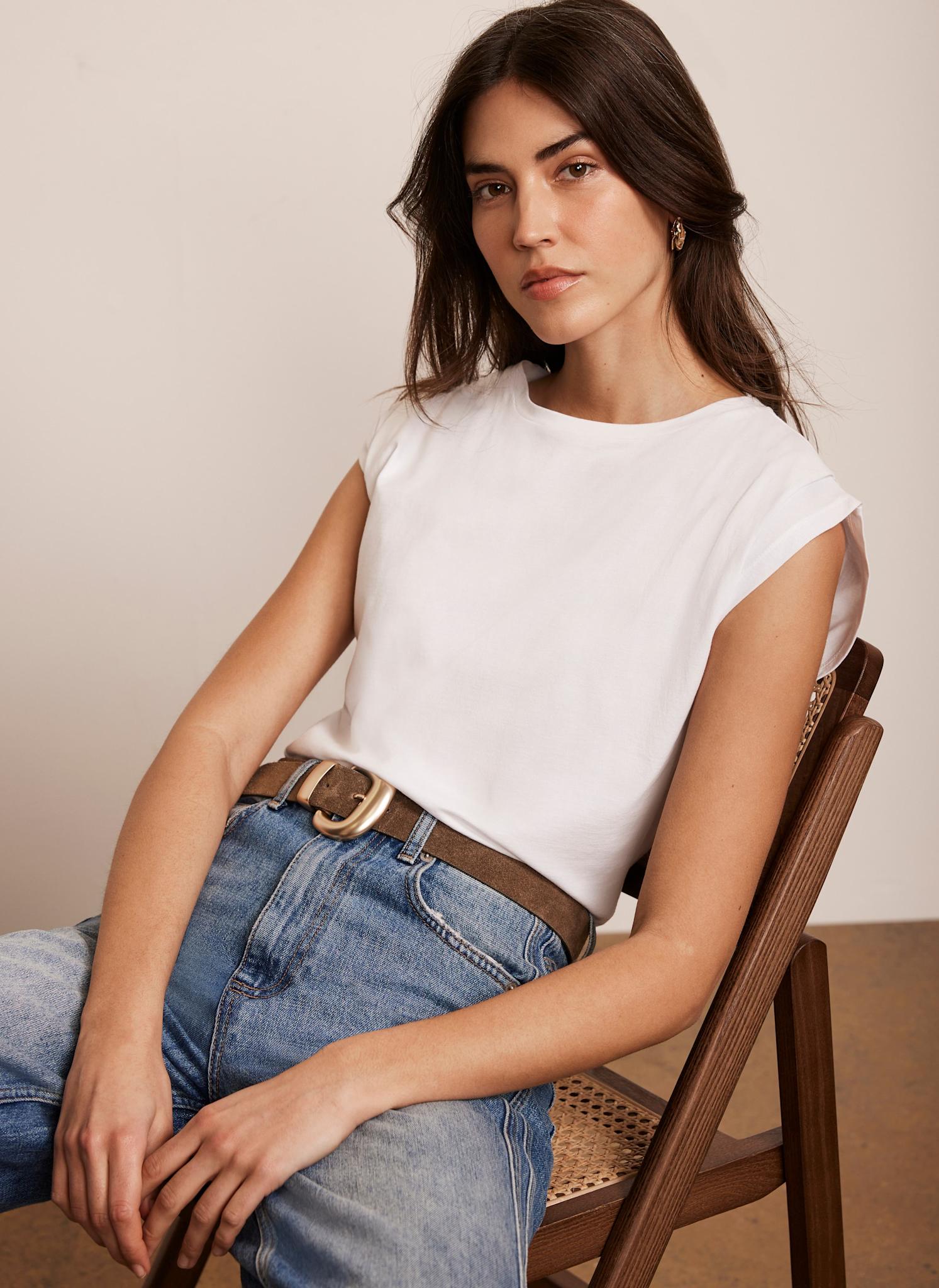 White Cotton Extended Shoulder T-Shirt – Mint Velvet