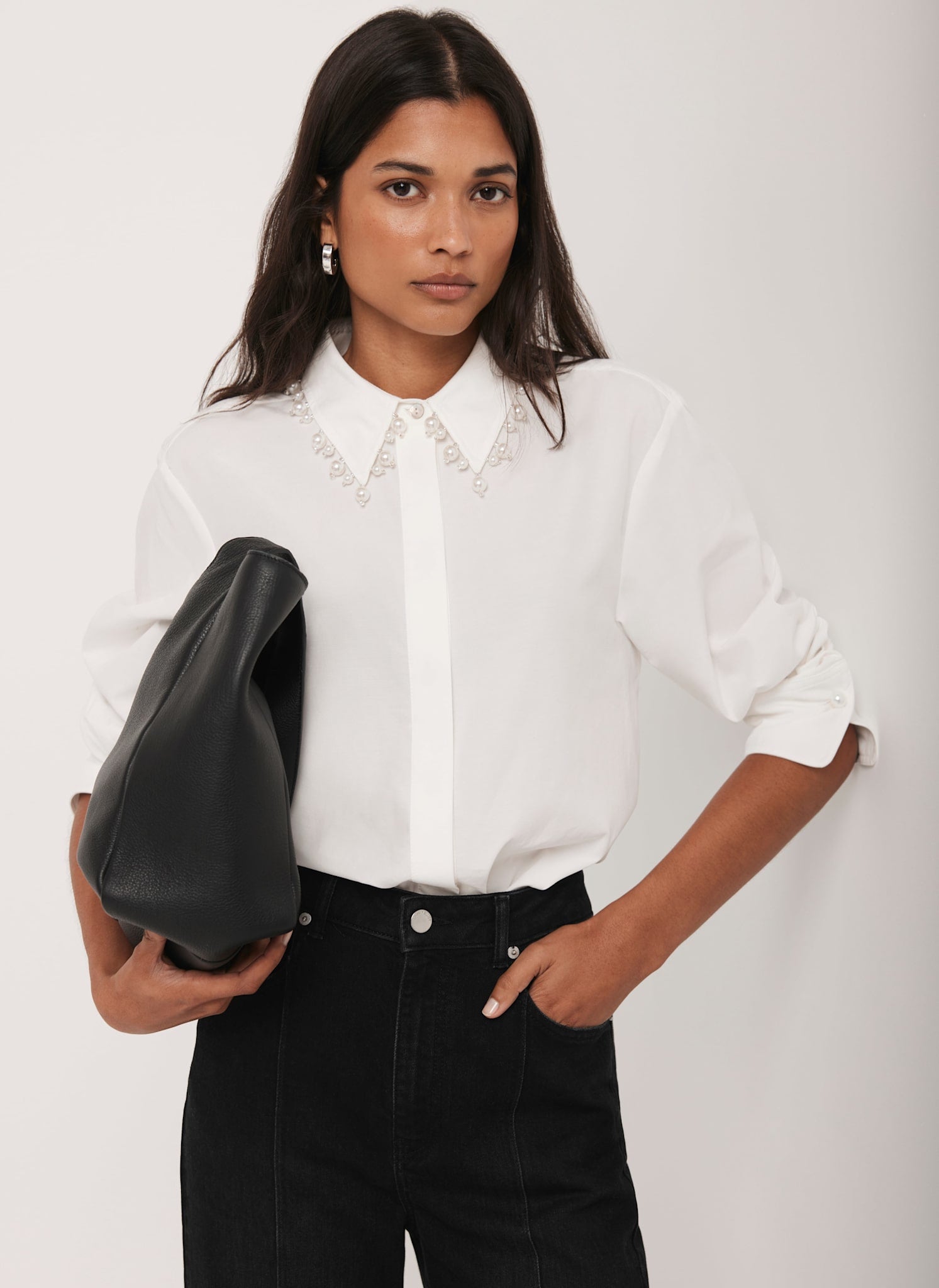 White Cotton Blend Pearl Collar Shirt – Mint Velvet